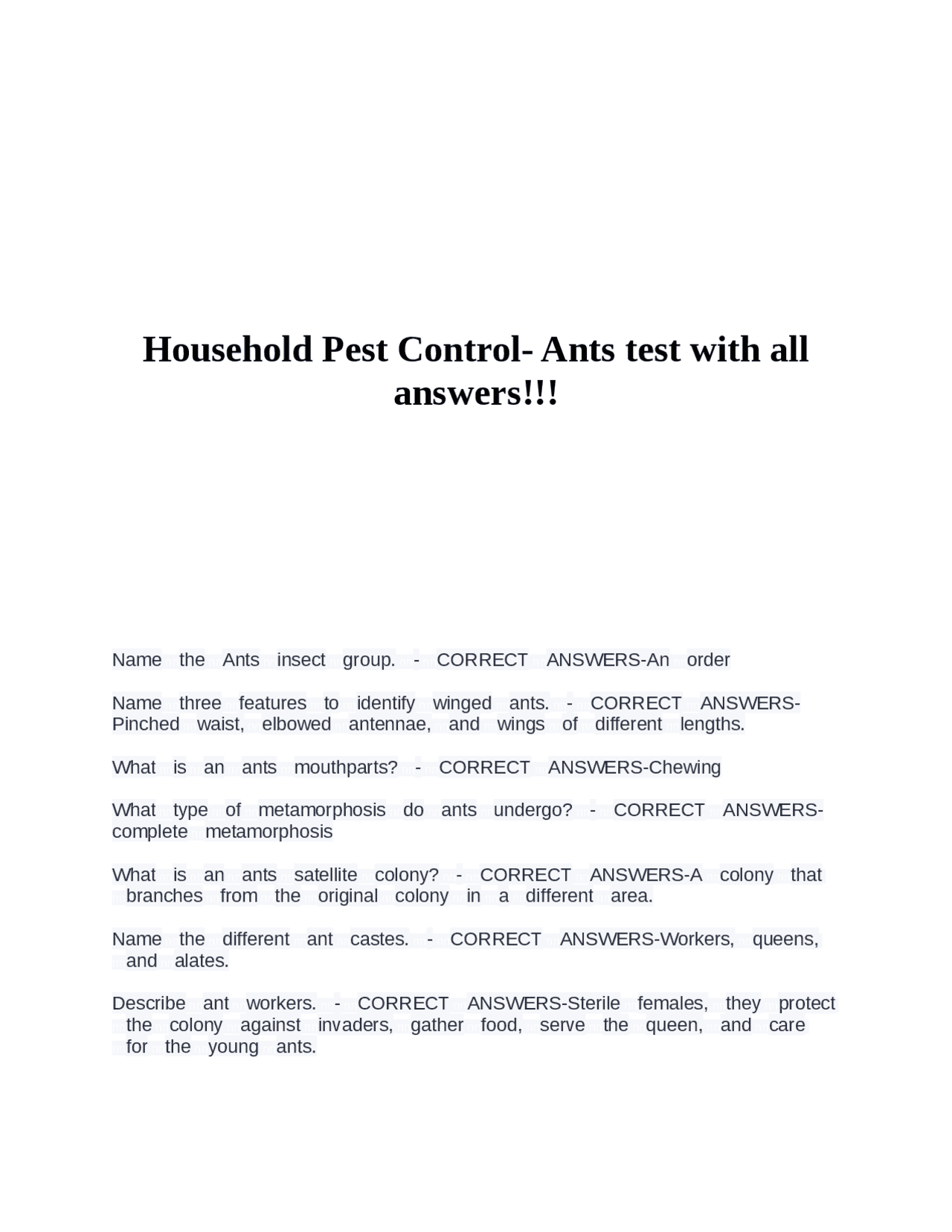 Household Pest Control- Ants test with all answers!!!. | Exams Advanced ...