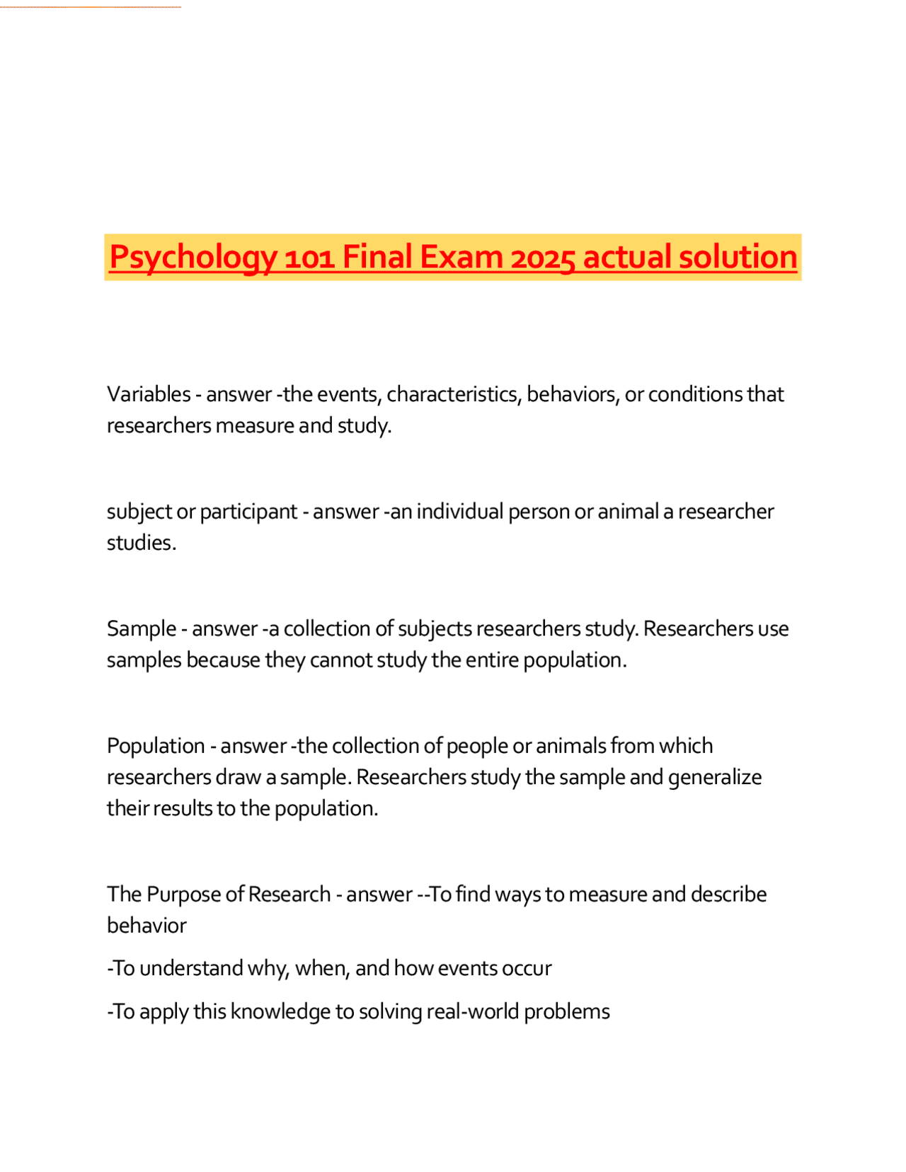 Psychology 101 Final Exam 2025 actual solution.pdf | Exams Nursing | Docsity