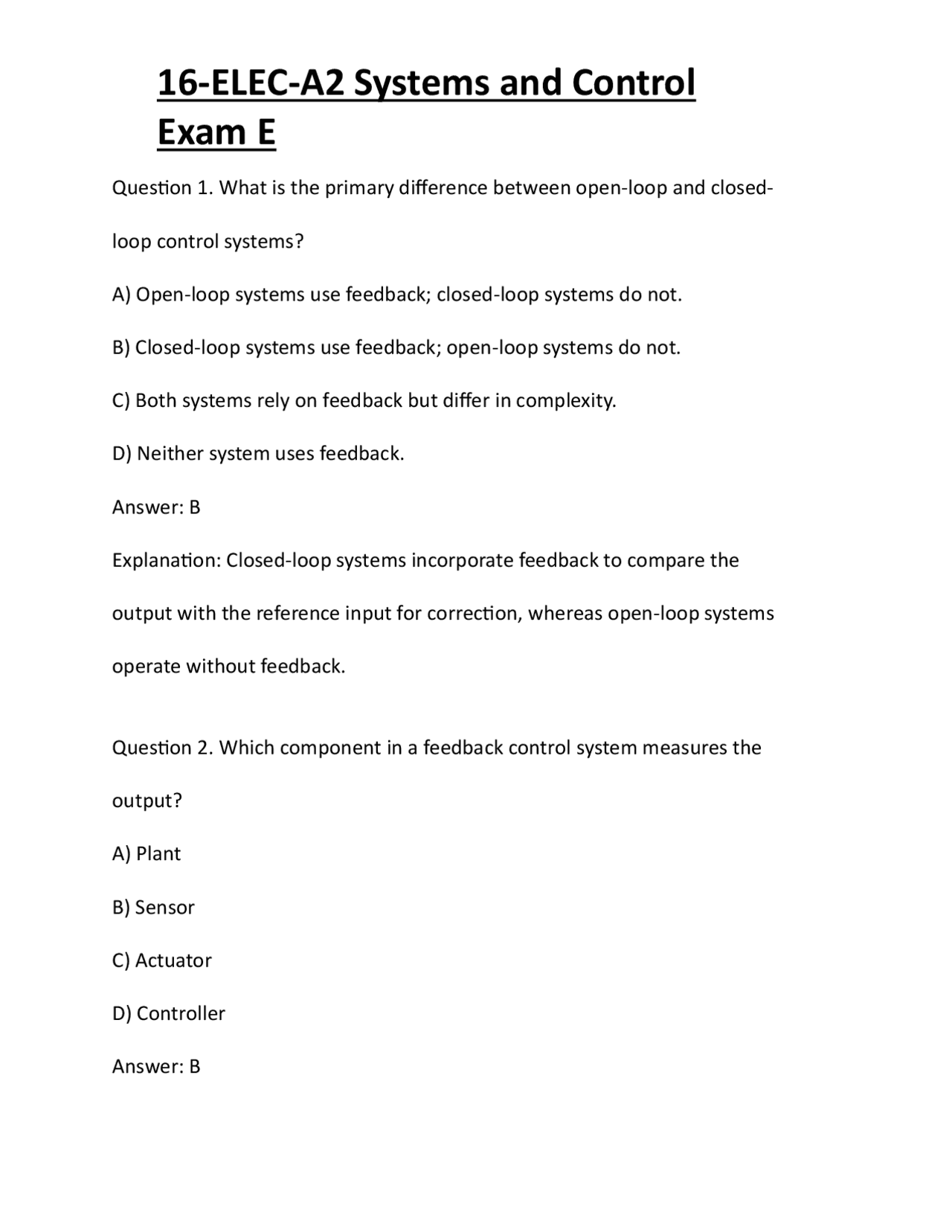 16-ELEC-A2 Systems and Control Exam E | Exams Technology | Docsity