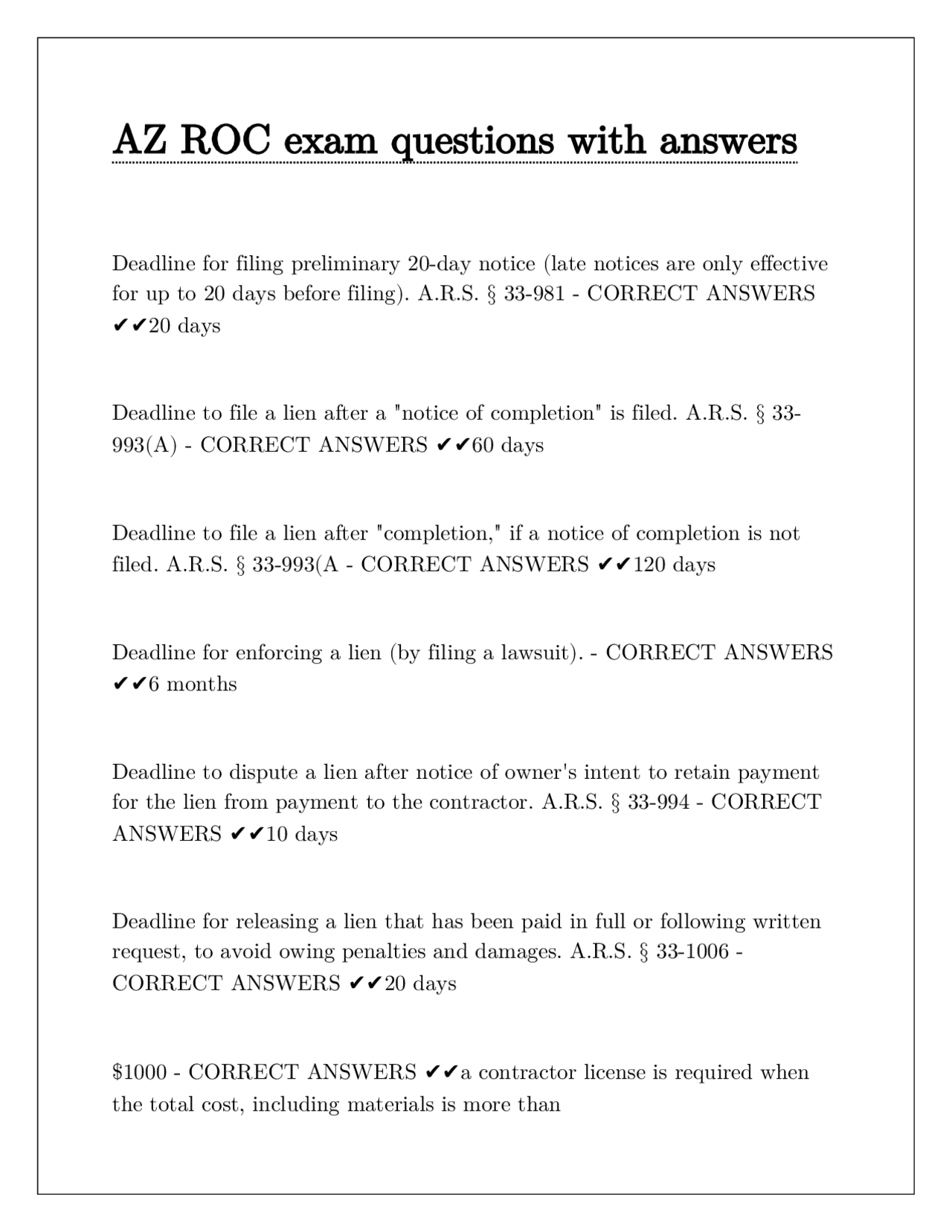 AZ ROC exam questions with answers | Exams Trade and Commerce | Docsity