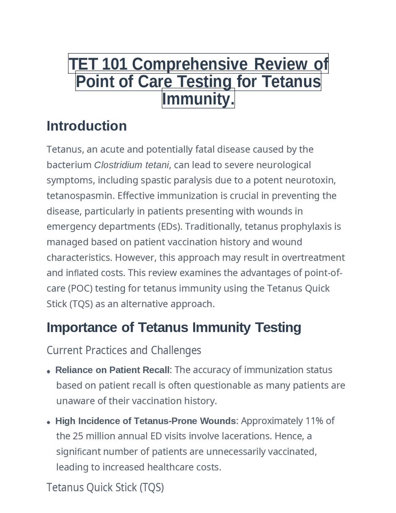TET 101 Comprehensive Review of Point of Care Testing for Tetanus ...