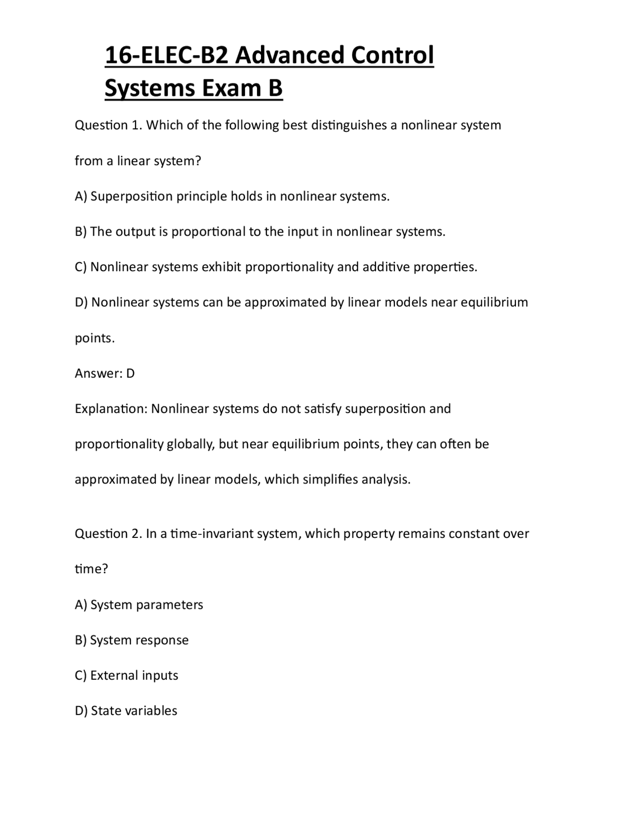 16-ELEC-B2 Advanced Control Systems Exam B | Exams Technology | Docsity
