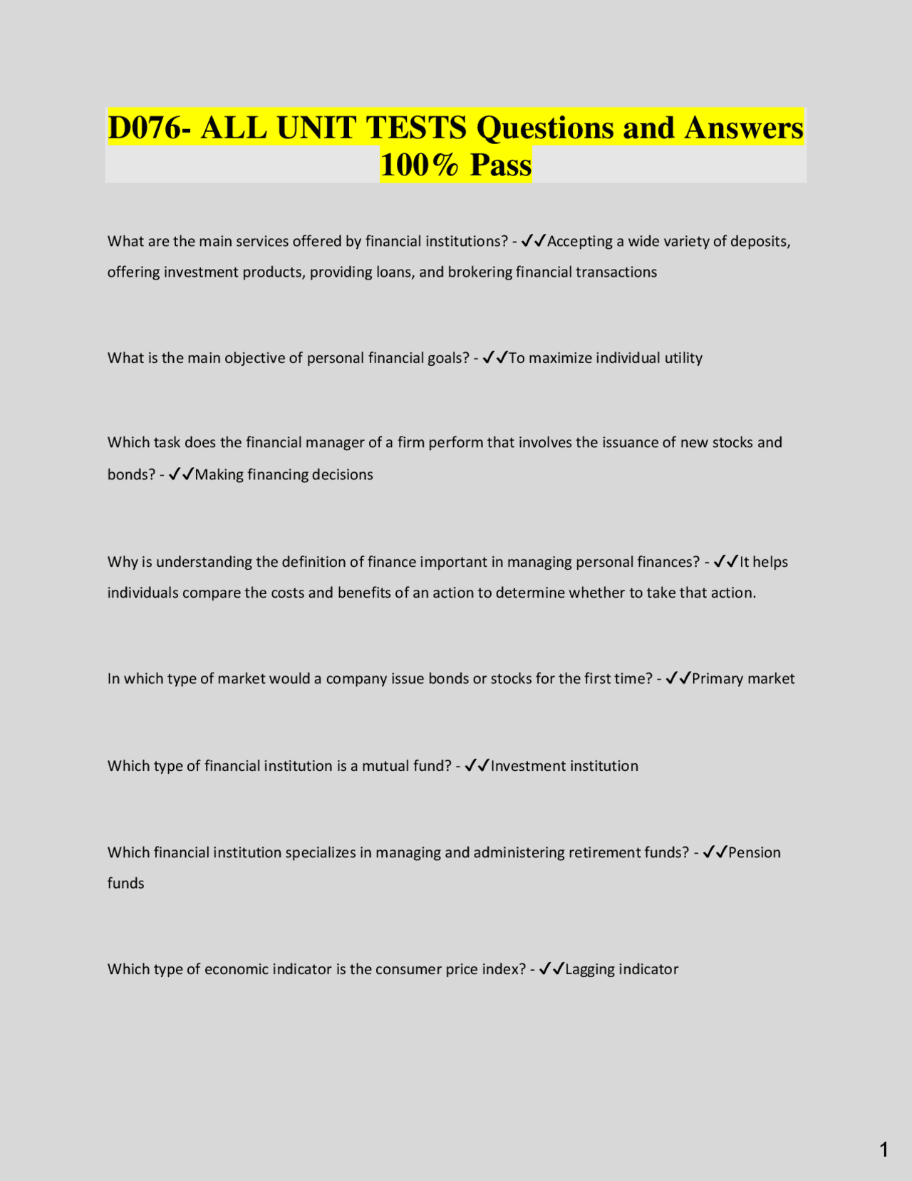 D076- ALL UNIT TESTS Questions and Answers 100% Pass | Exams Accounting ...