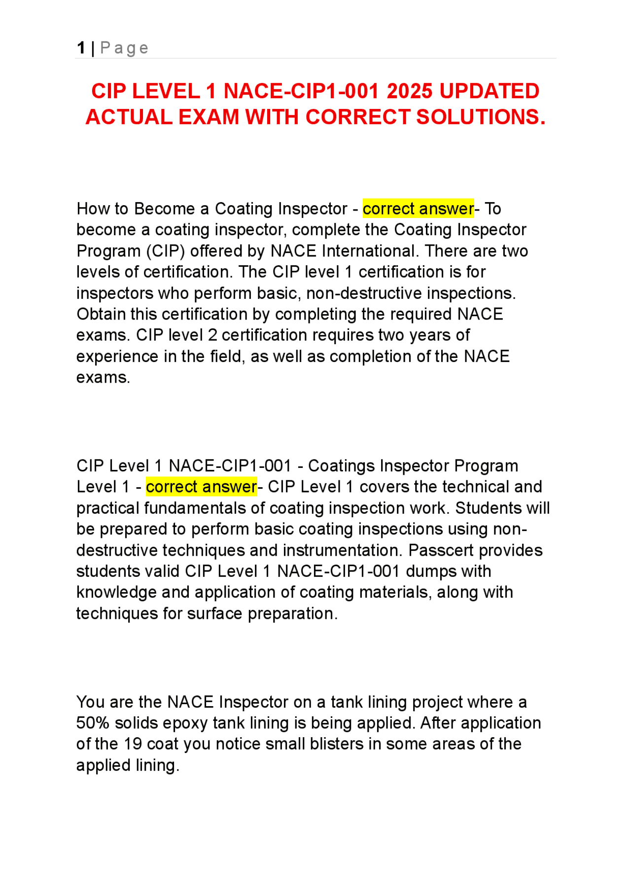 CIP LEVEL 1 NACE-CIP1-001 2025 UPDATED ACTUAL EXAM WITH CORRECT ...