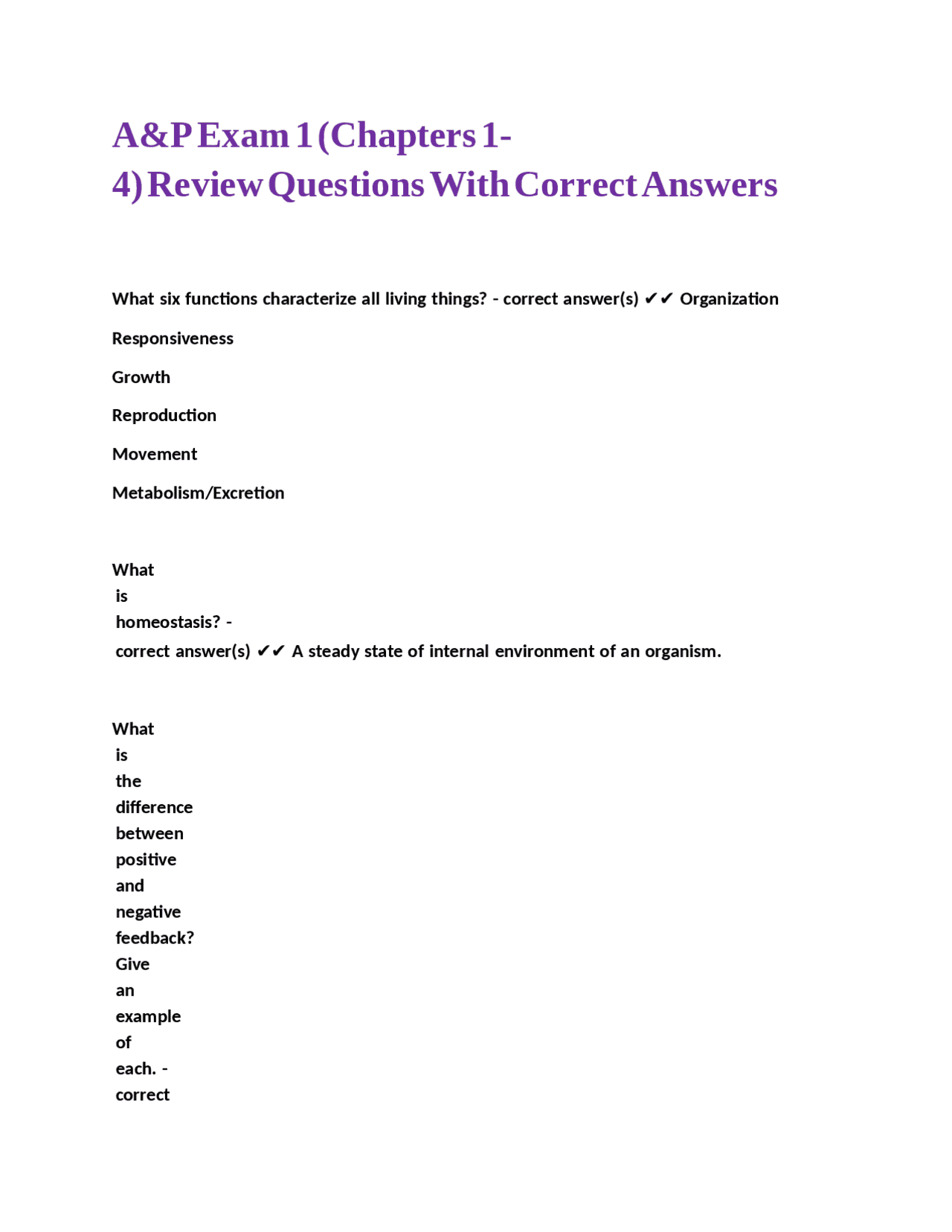 A&P Exam 1 (Chapters 1-4) Review Questions With Correct Answers ...
