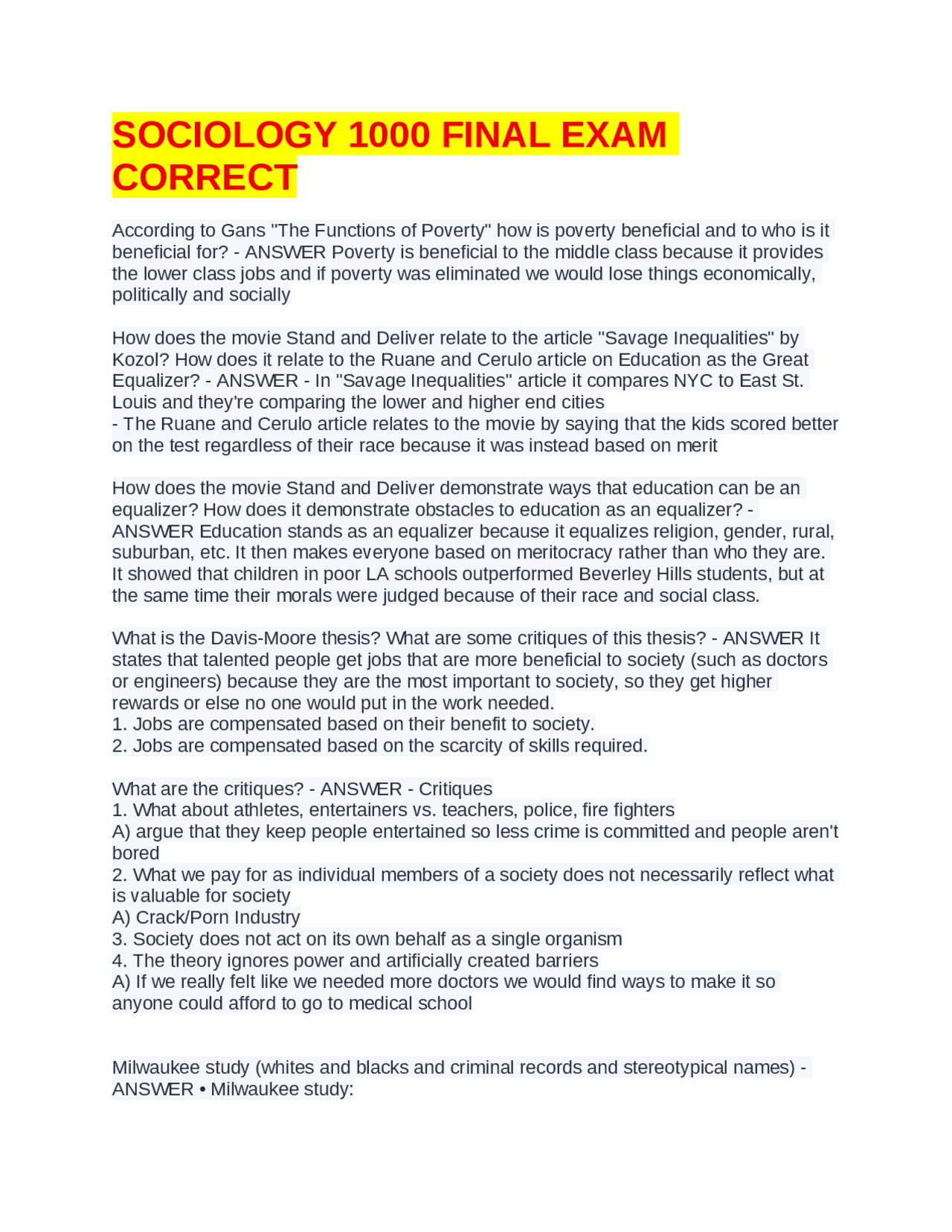 SOCIOLOGY 1000 FINAL EXAM CORRECT | Exams Sociology | Docsity