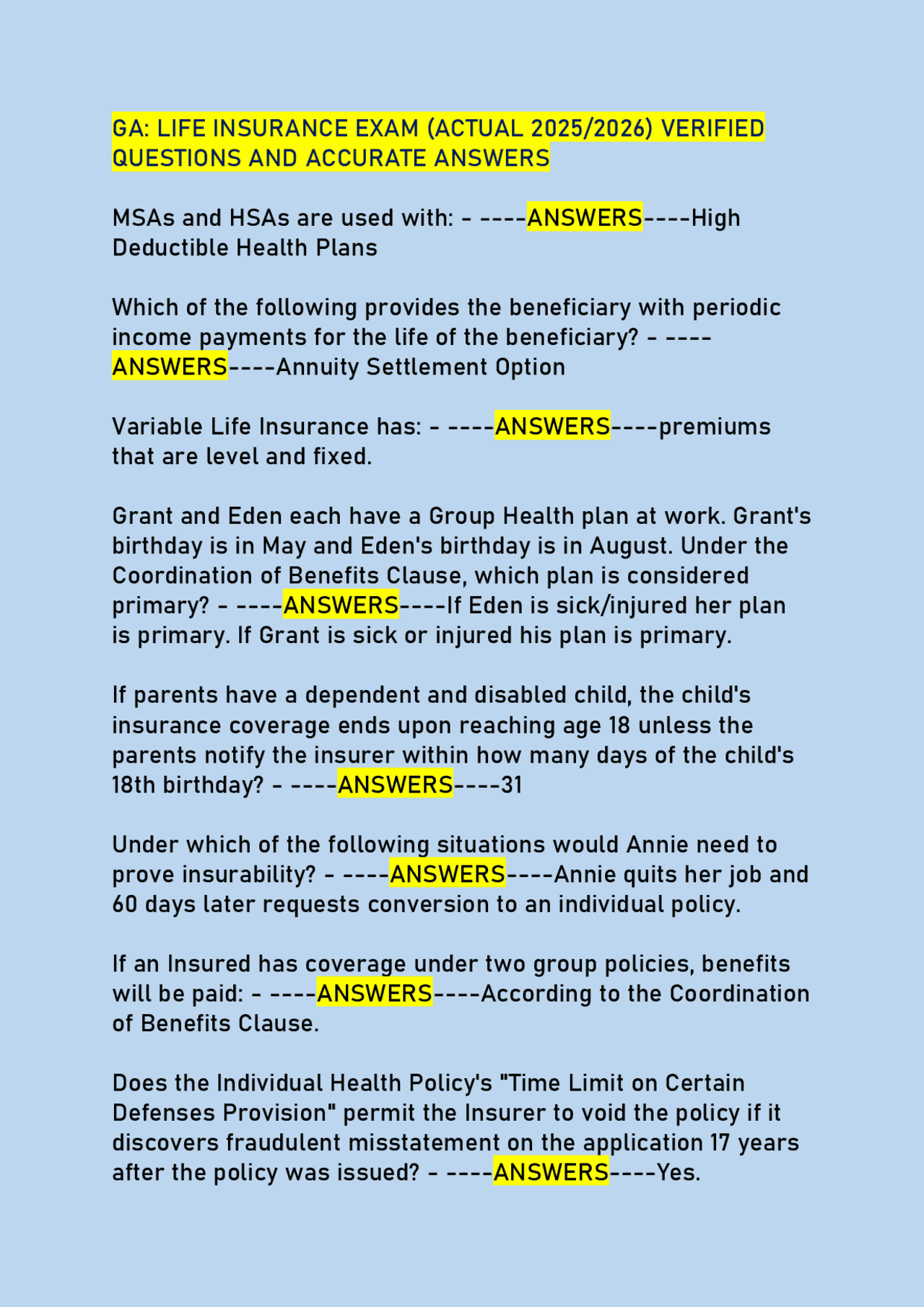 GA: LIFE INSURANCE EXAM (ACTUAL 2025/2026) VERIFIED QUESTIONS AND ...