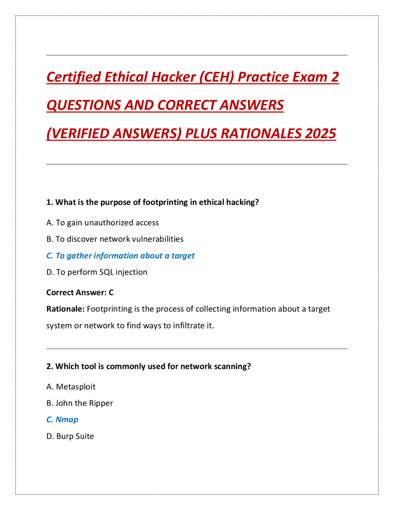 Certified Ethical Hacker (CEH) Practice Exam 2 QUESTIONS AND CORRECT ...