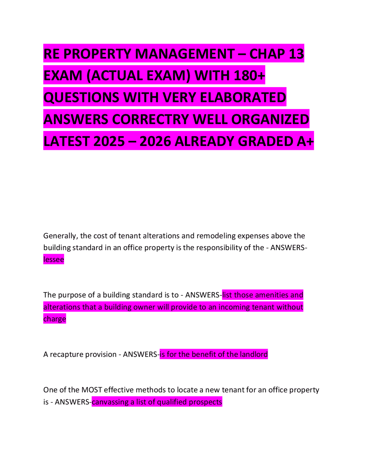 RE PROPERTY MANAGEMENT – CHAP 13 EXAM (ACTUAL EXAM) WITH 180+ QUESTIONS ...