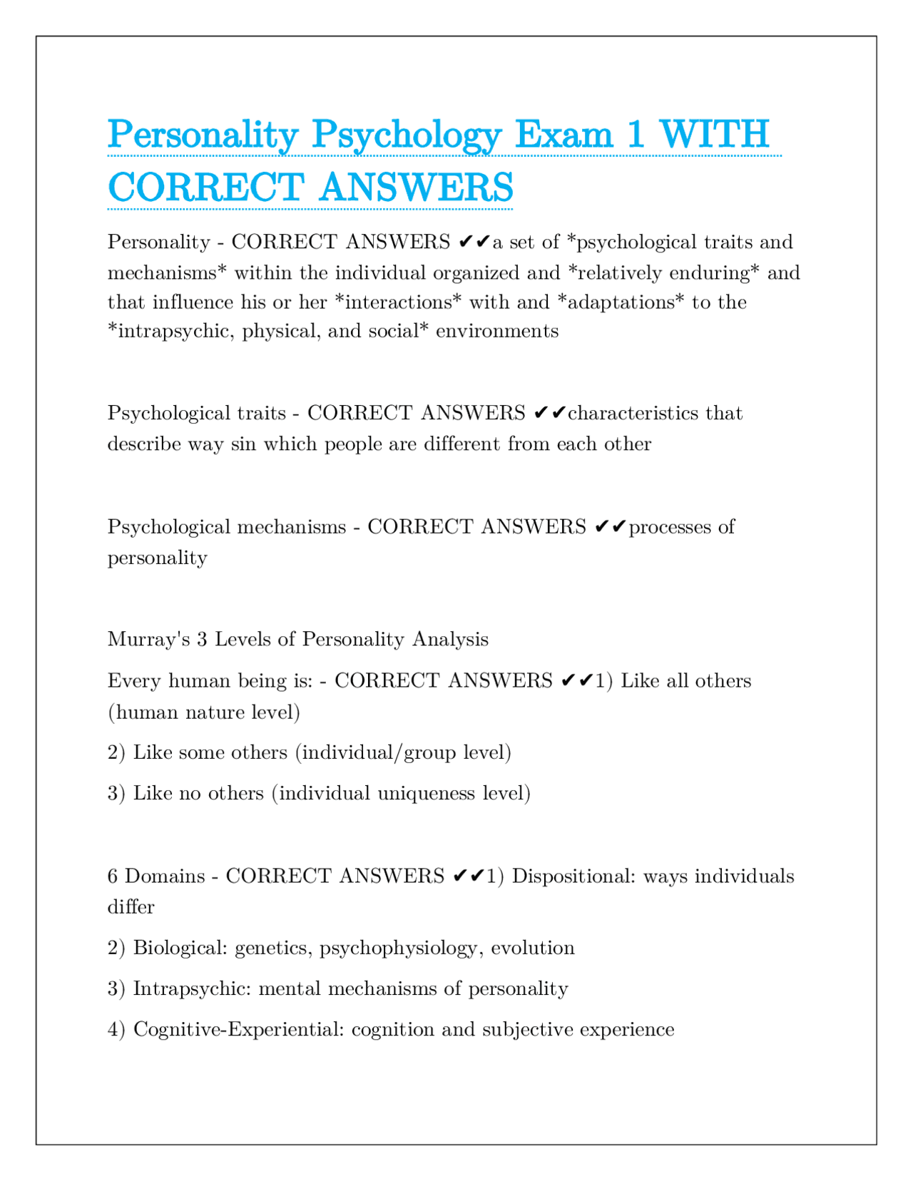 Personality Psychology Exam 1: Key Concepts and Theories | Exams ...