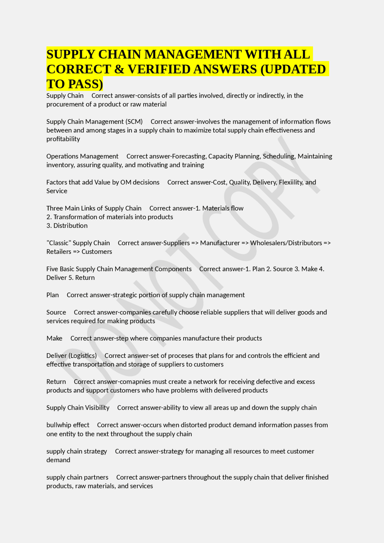 SUPPLY CHAIN MANAGEMENT WITH ALL CORRECT & VERIFIED ANSWERS (UPDATED TO ...