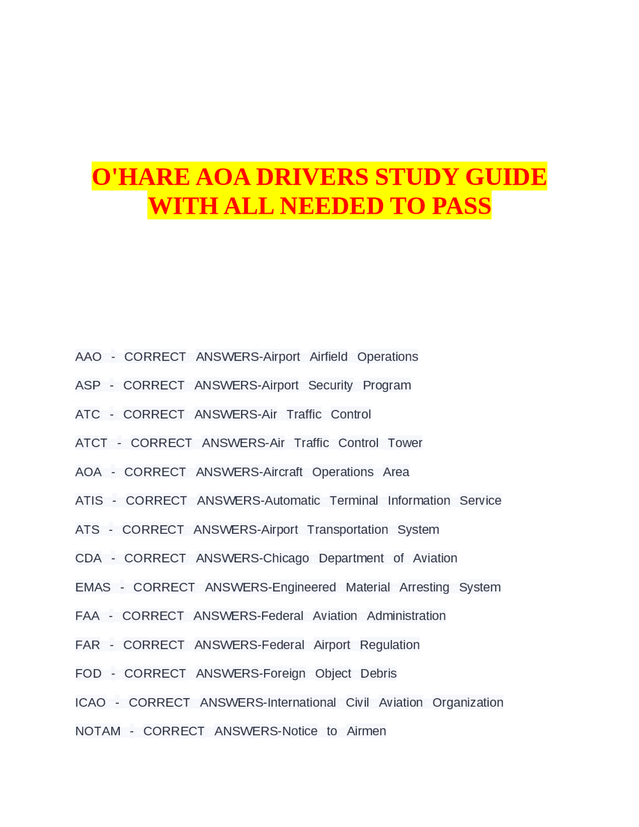 O'HARE AOA DRIVERS STUDY GUIDE WITH ALL NEEDED TO PASS. | Exams ...