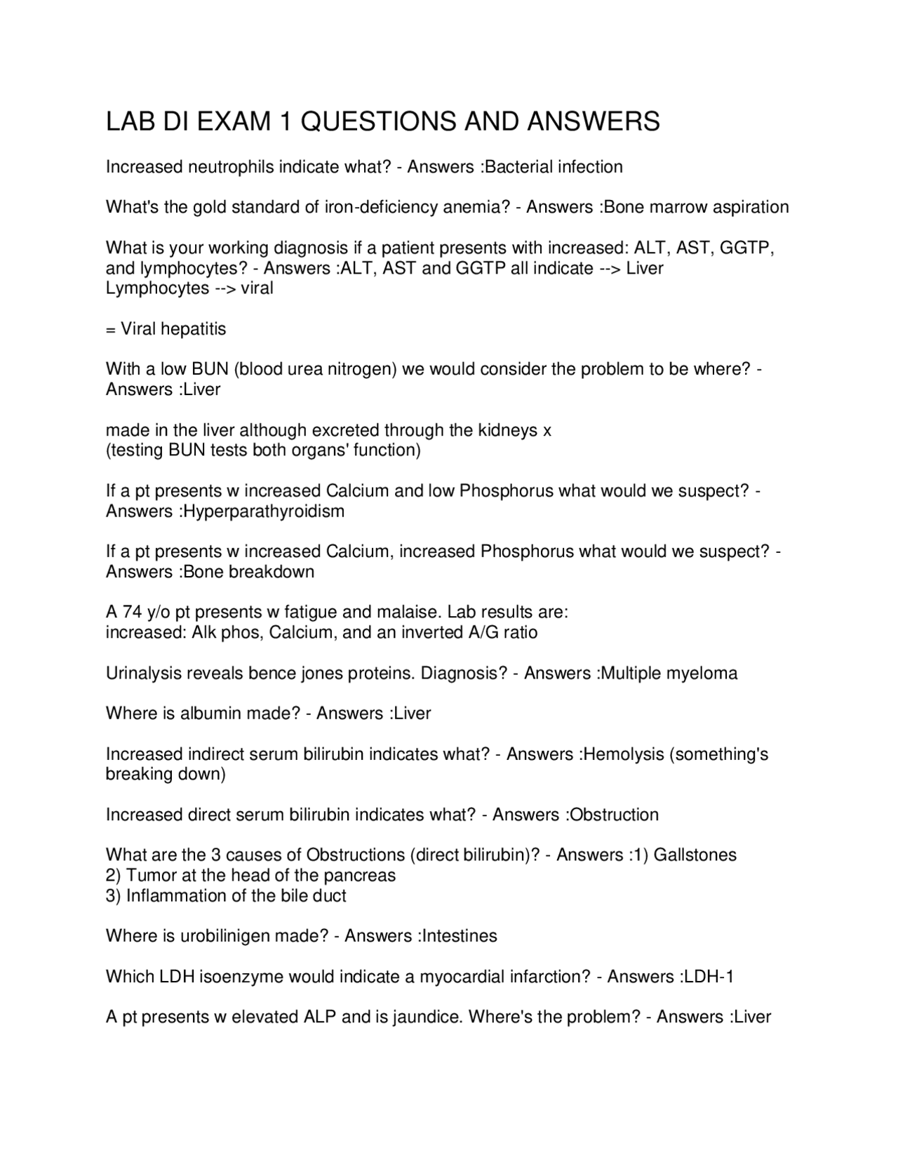 LAB DI EXAM 1 QUESTIONS AND ANSWERS | Exams Nursing | Docsity