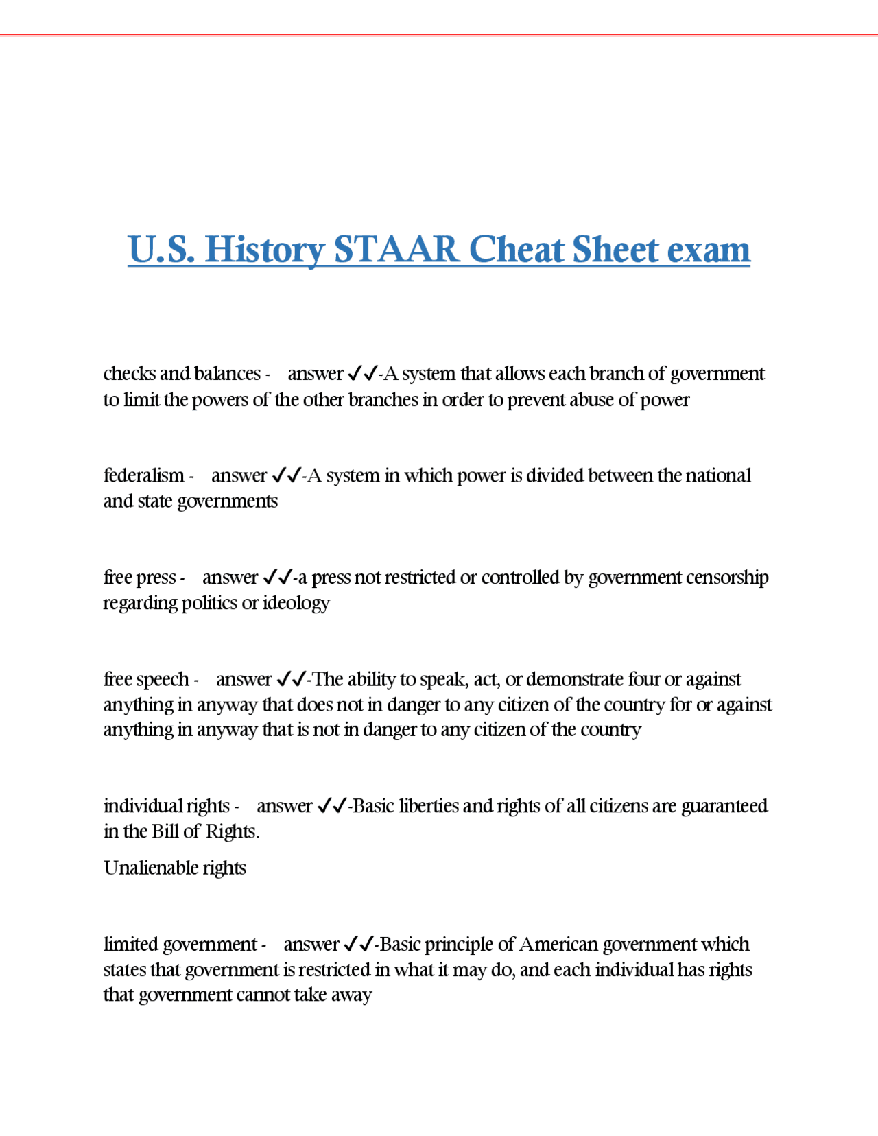 U.S. History STAAR Cheat Sheet exam.pdf | Exams Nursing | Docsity