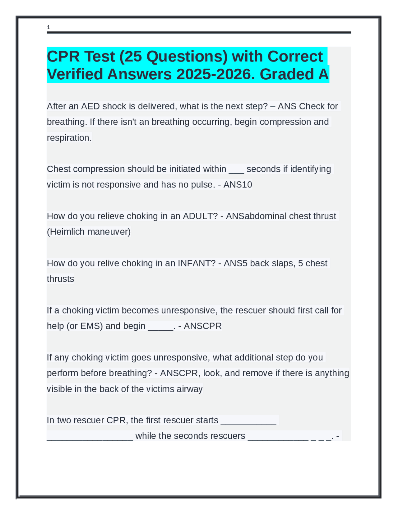 CPR Test (25 Questions) with Correct Verified Answers 2025-2026. Graded ...