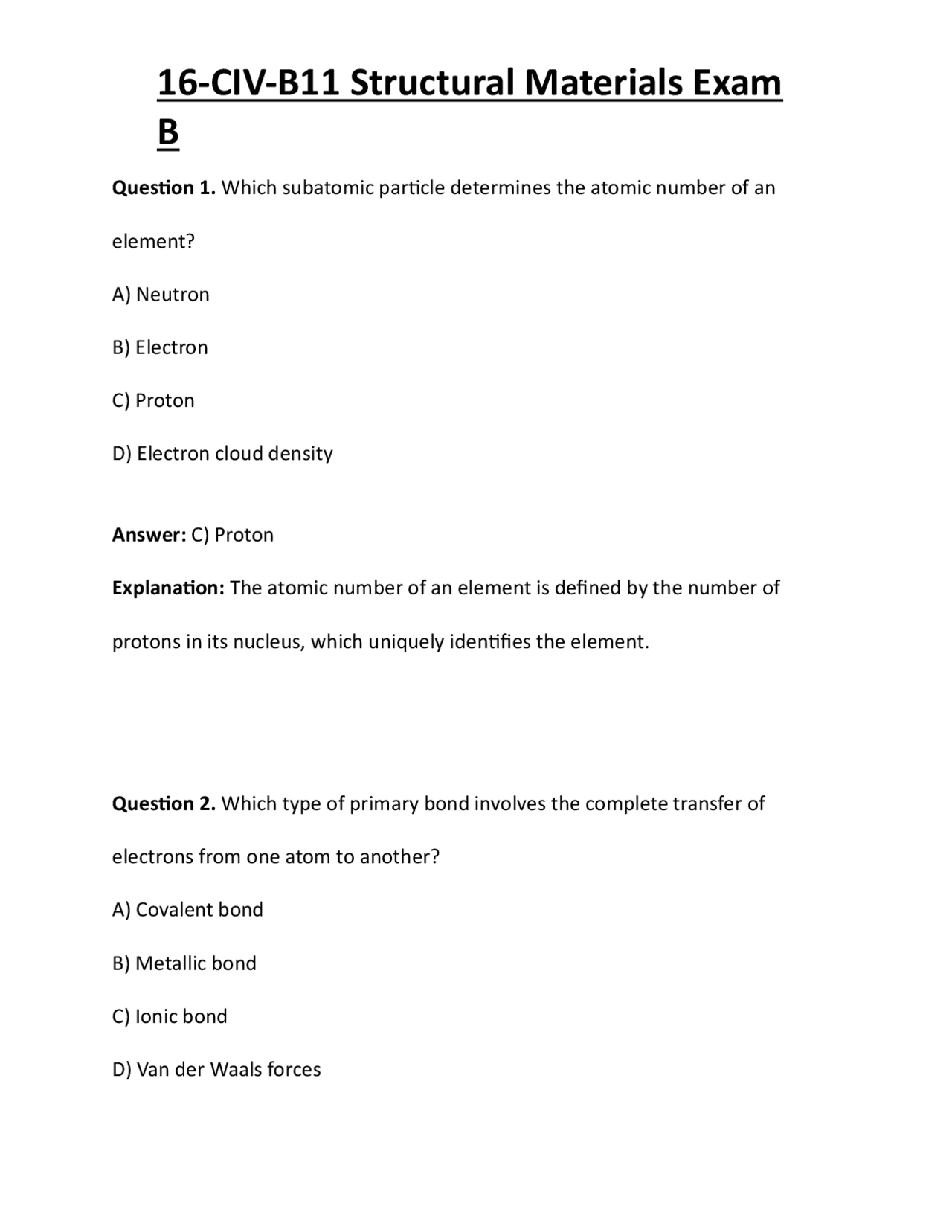 16-CIV-B11 Structural Materials Exam B | Exams Technology | Docsity