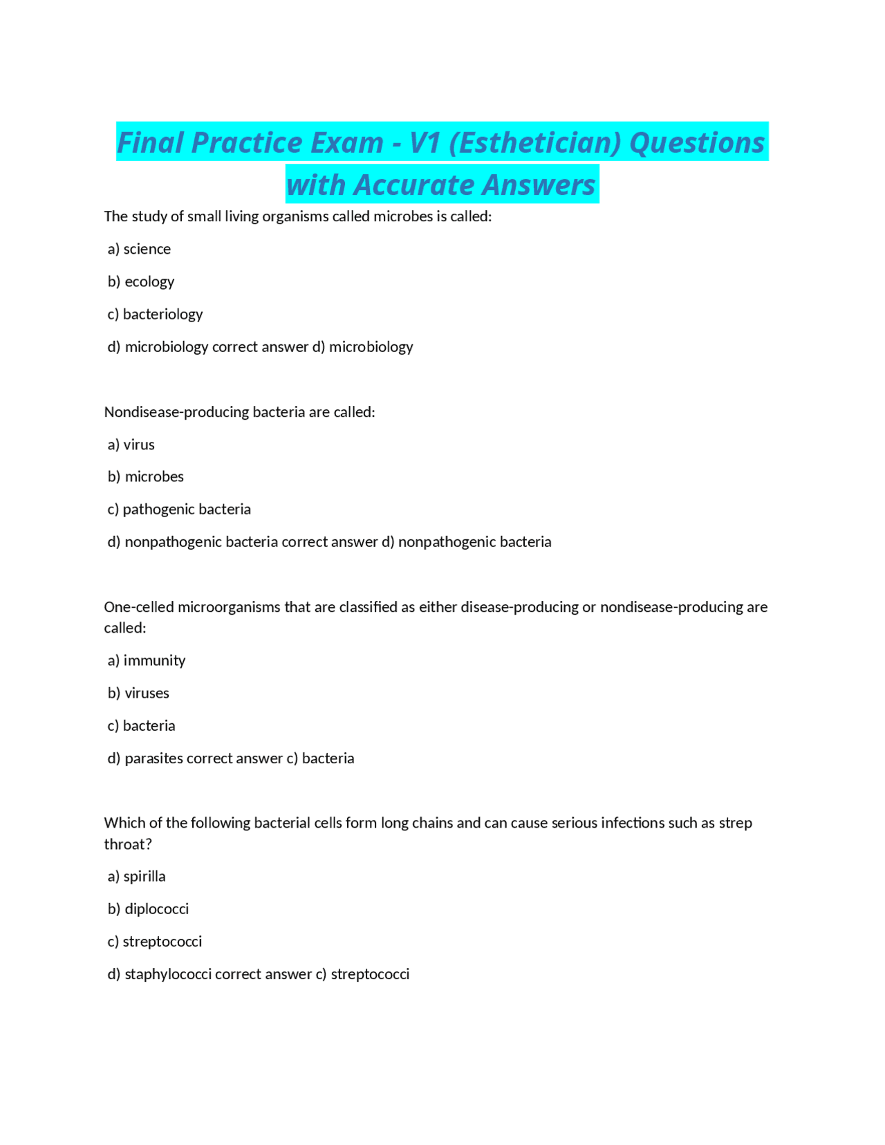 Final Practice Exam - V1 (Esthetician) Questions with Accurate Answers ...