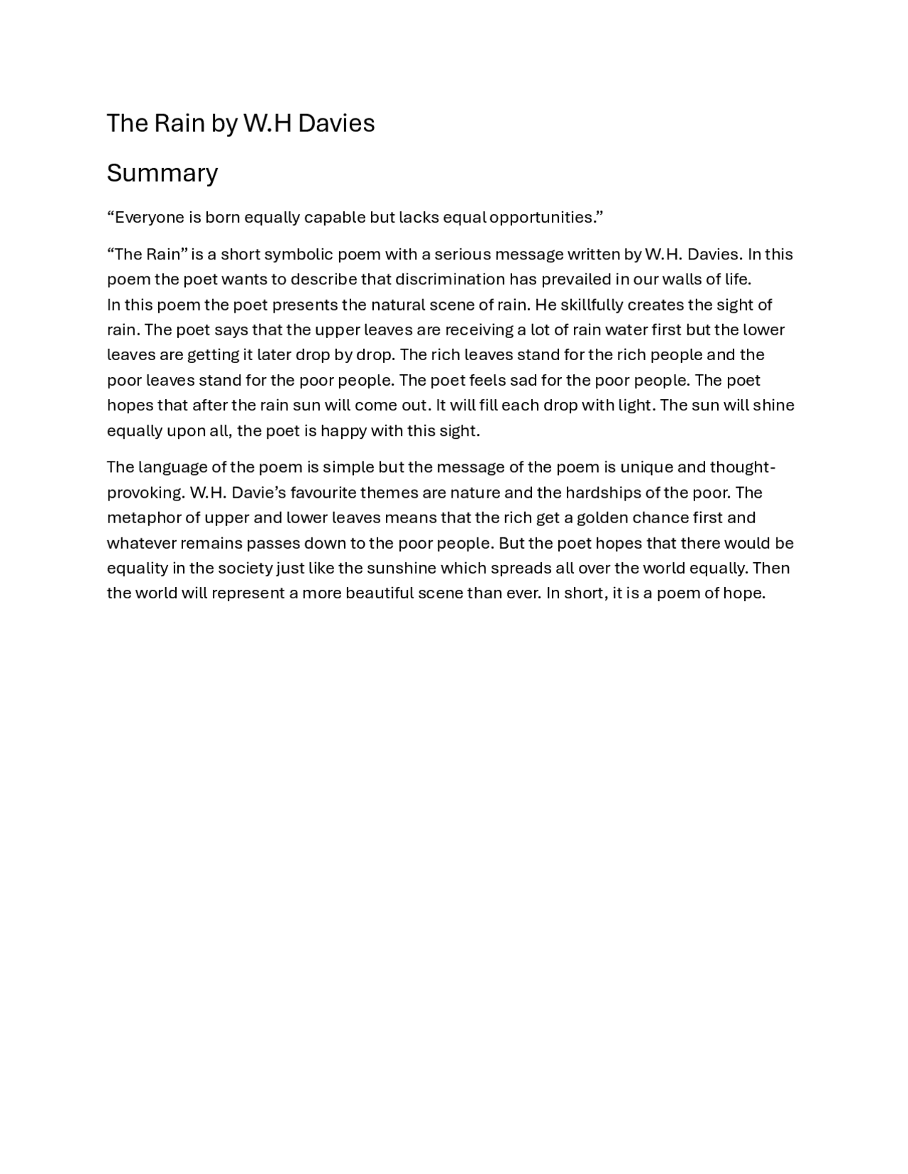 Poem The rain summary | Study notes English | Docsity