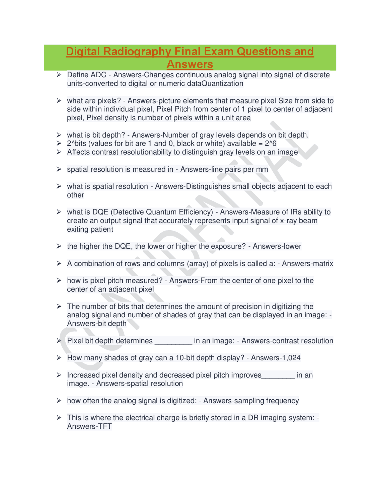Digital Radiography Final Exam Questions and Answers | Exams Nursing ...