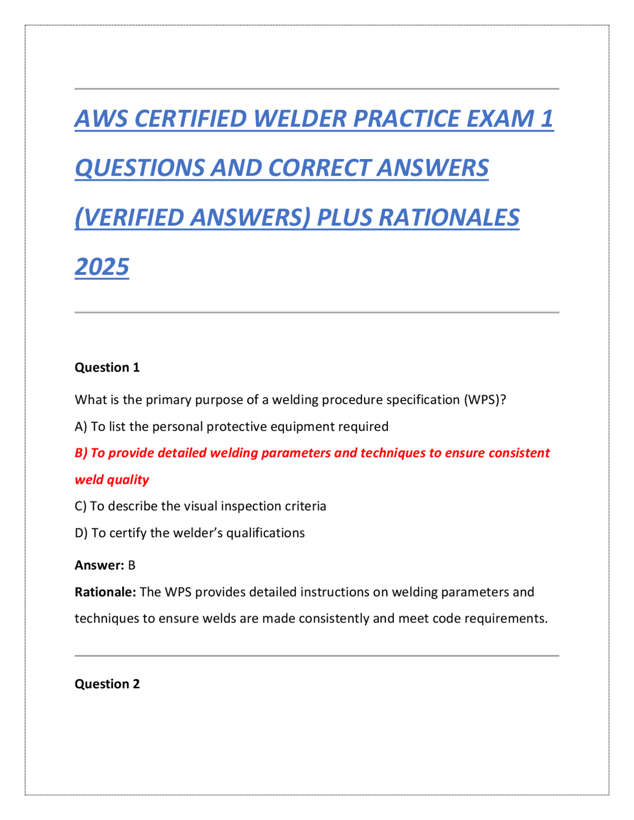 AWS CERTIFIED WELDER PRACTICE EXAM 1 QUESTIONS AND CORRECT ANSWERS ...