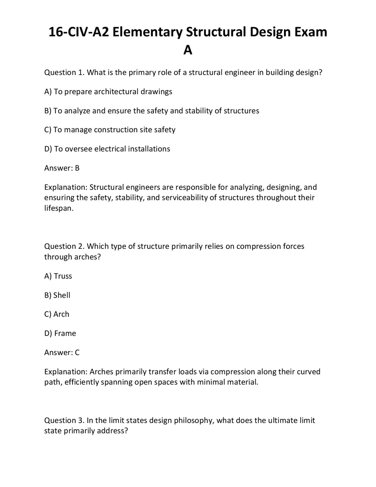 16-CIV-A2 Elementary Structural Design Exam A | Exams Technology | Docsity