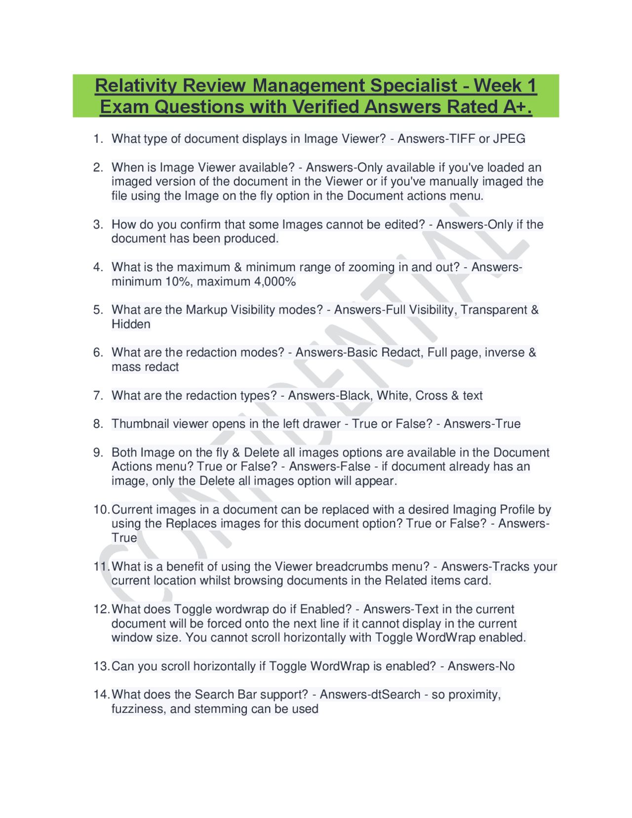 Relativity Review Management Specialist - Week 1 Exam Questions with ...