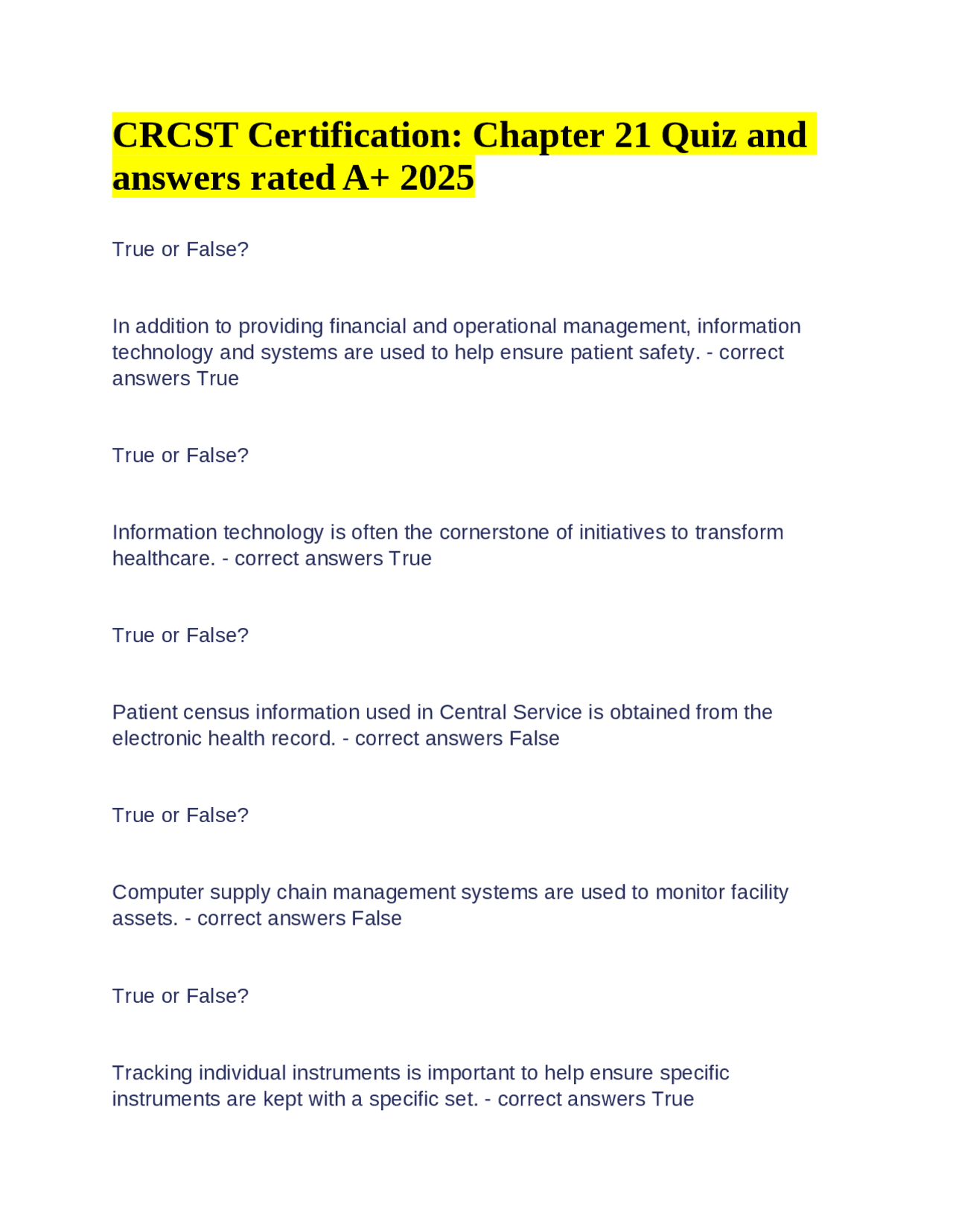 CRCST Certification: Chapter 21 Quiz and answers rated A+ 2025 | Exams ...