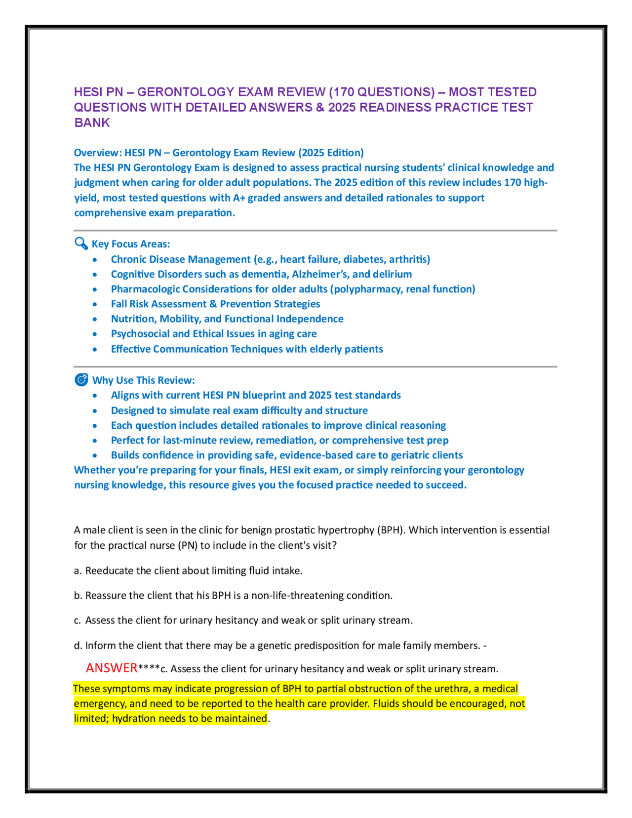 HESI PN – GERONTOLOGY EXAM REVIEW (170 QUESTIONS) – MOST TESTED ...