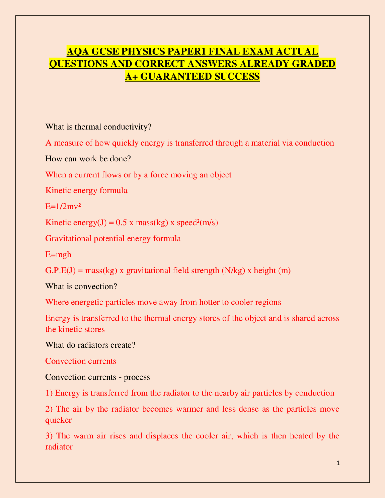 AQA GCSE PHYSICS PAPER1 FINAL EXAM ACTUAL QUESTIONS AND CORRECT ANSWERS ...