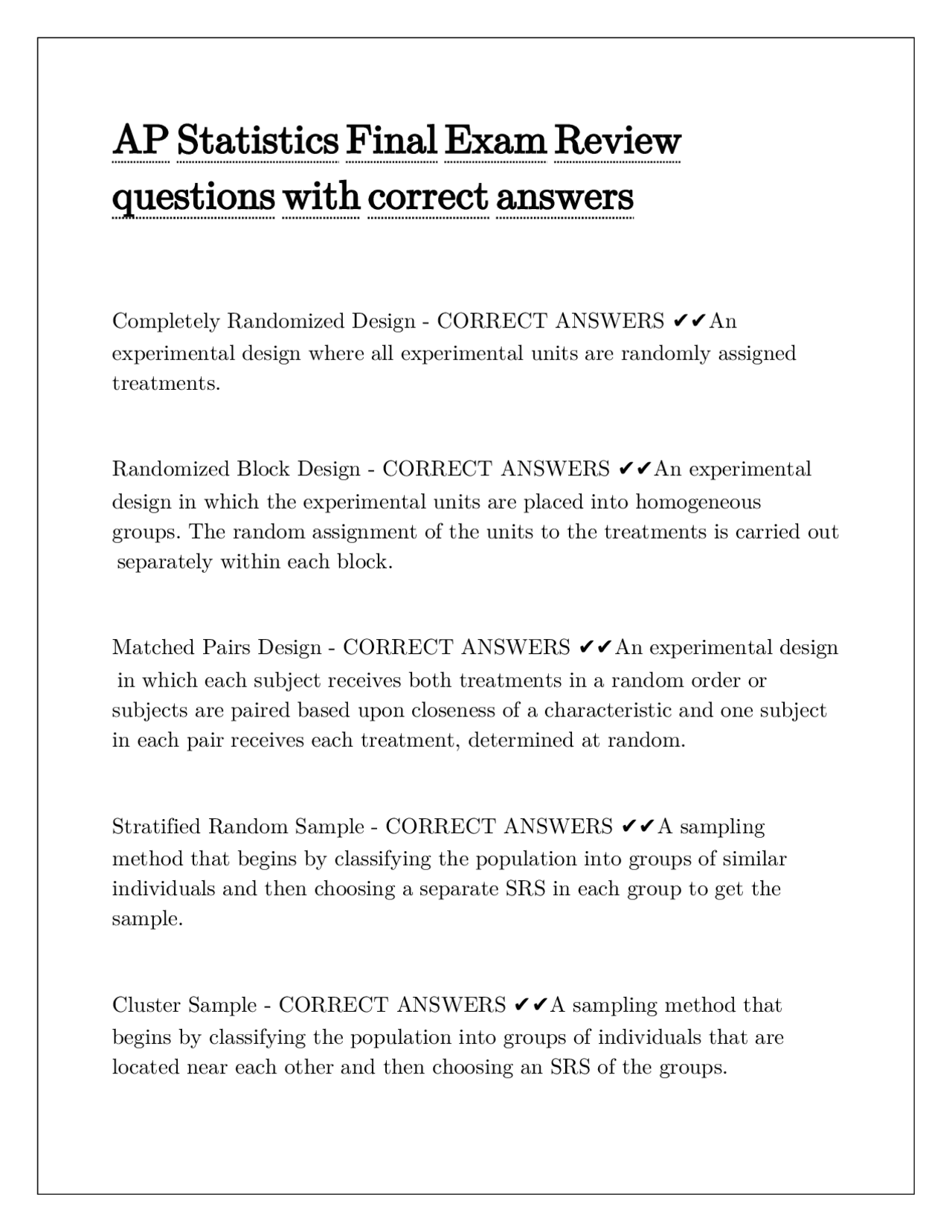 AP Statistics Final Exam Review: Key Concepts and Definitions | Exams Nursing | Docsity