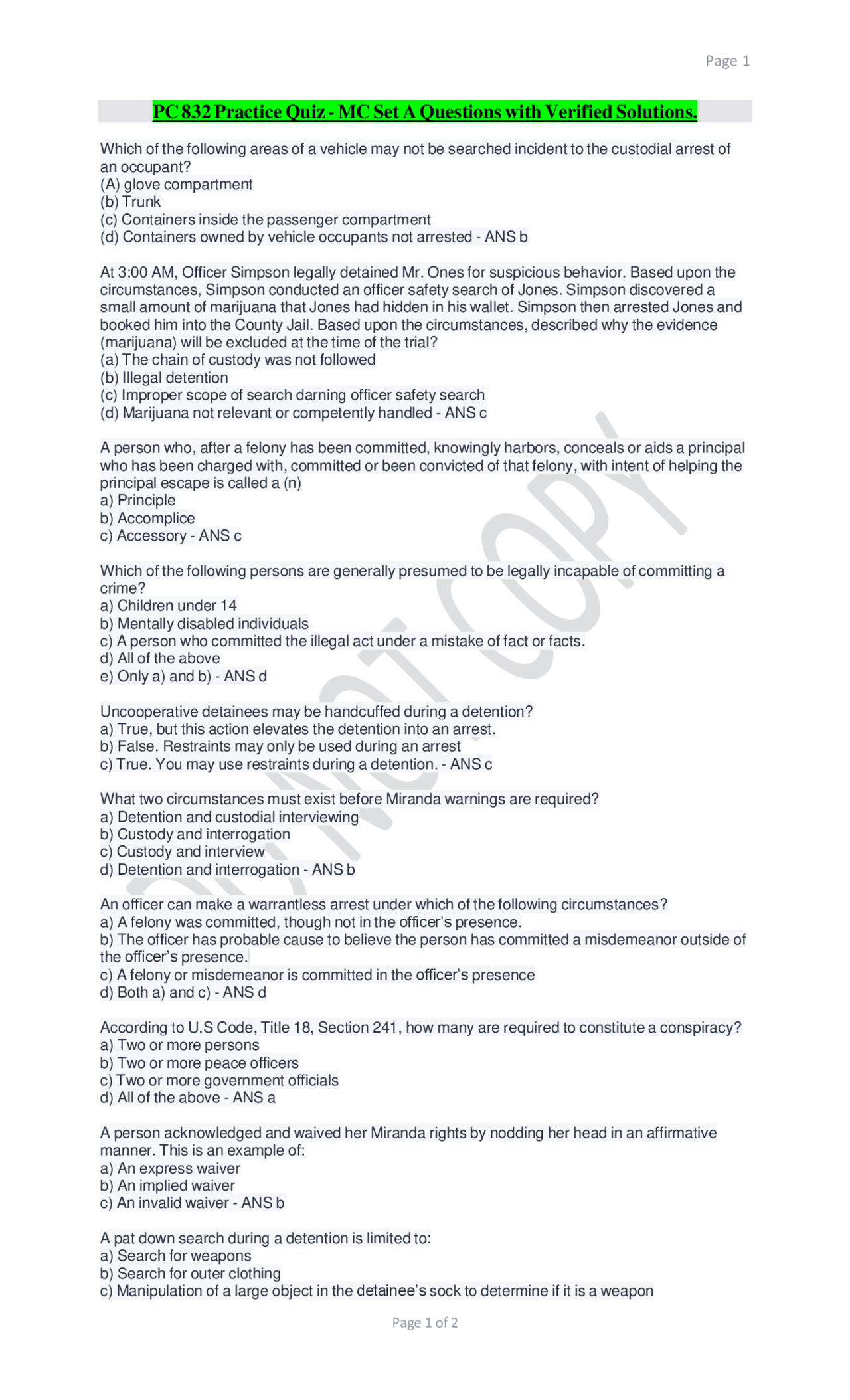 PC 832 Practice Quiz - MC Set A Questions with Verified Solutions ...