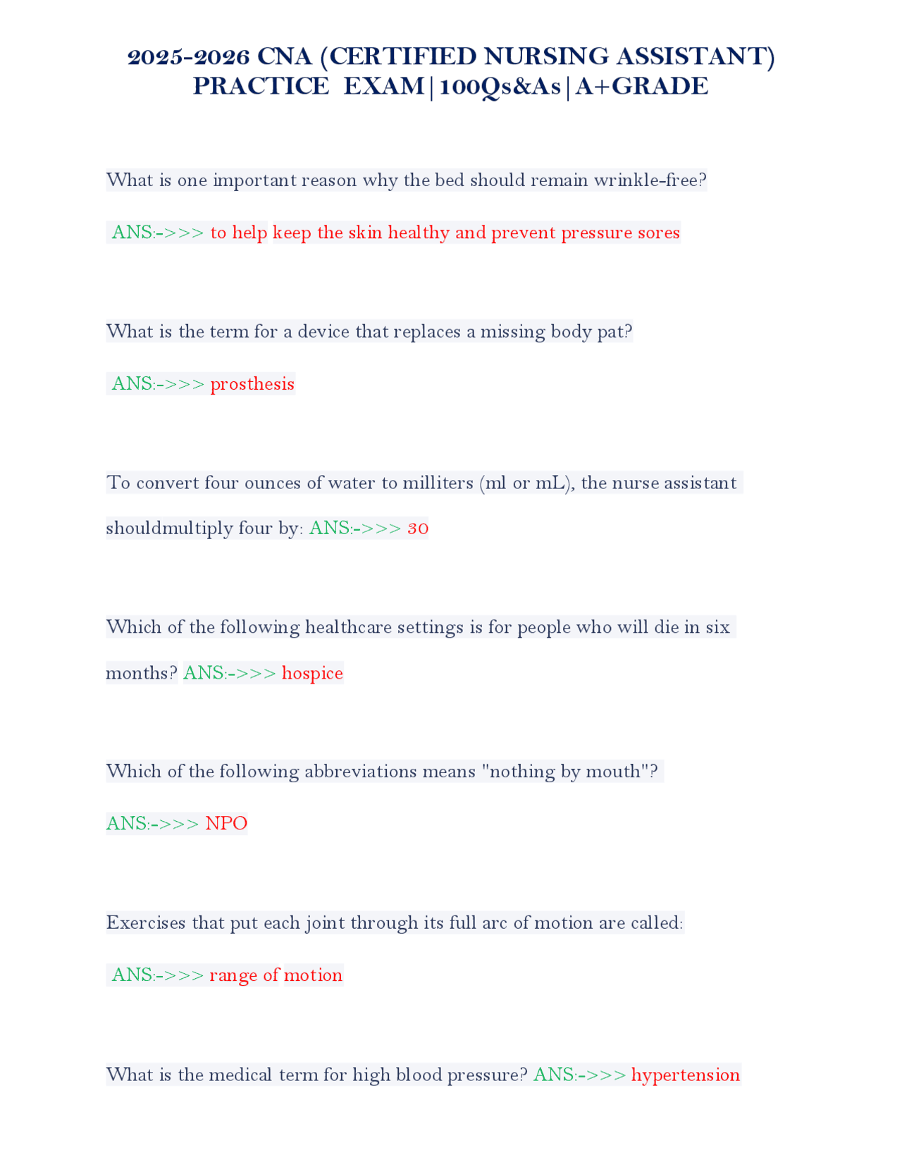 2025-2026 CNA (CERTIFIED NURSING ASSISTANT) PRACTICE EXAM|100Qs&As|A ...