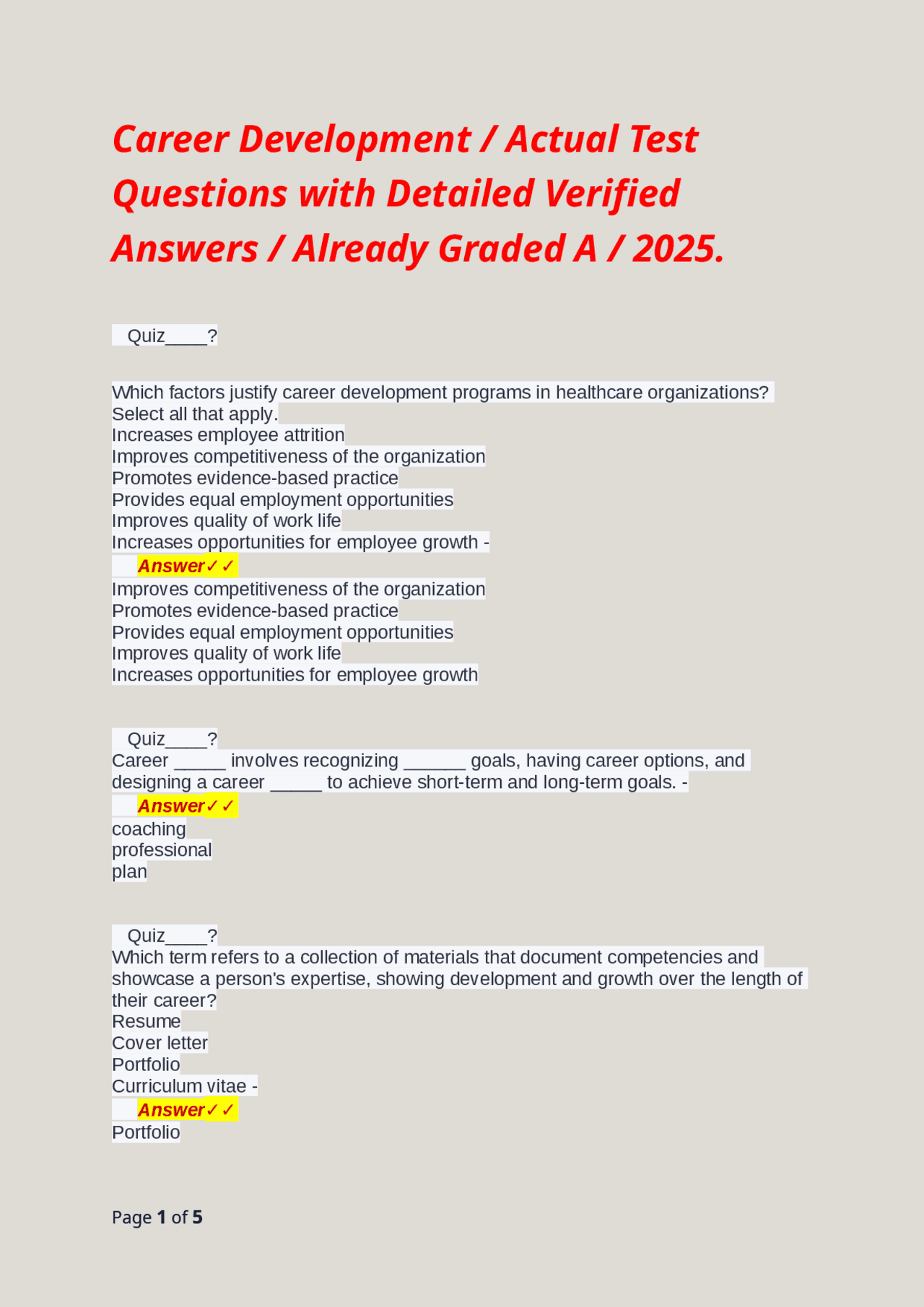 Career Development / Actual Test Questions with Detailed Verified ...