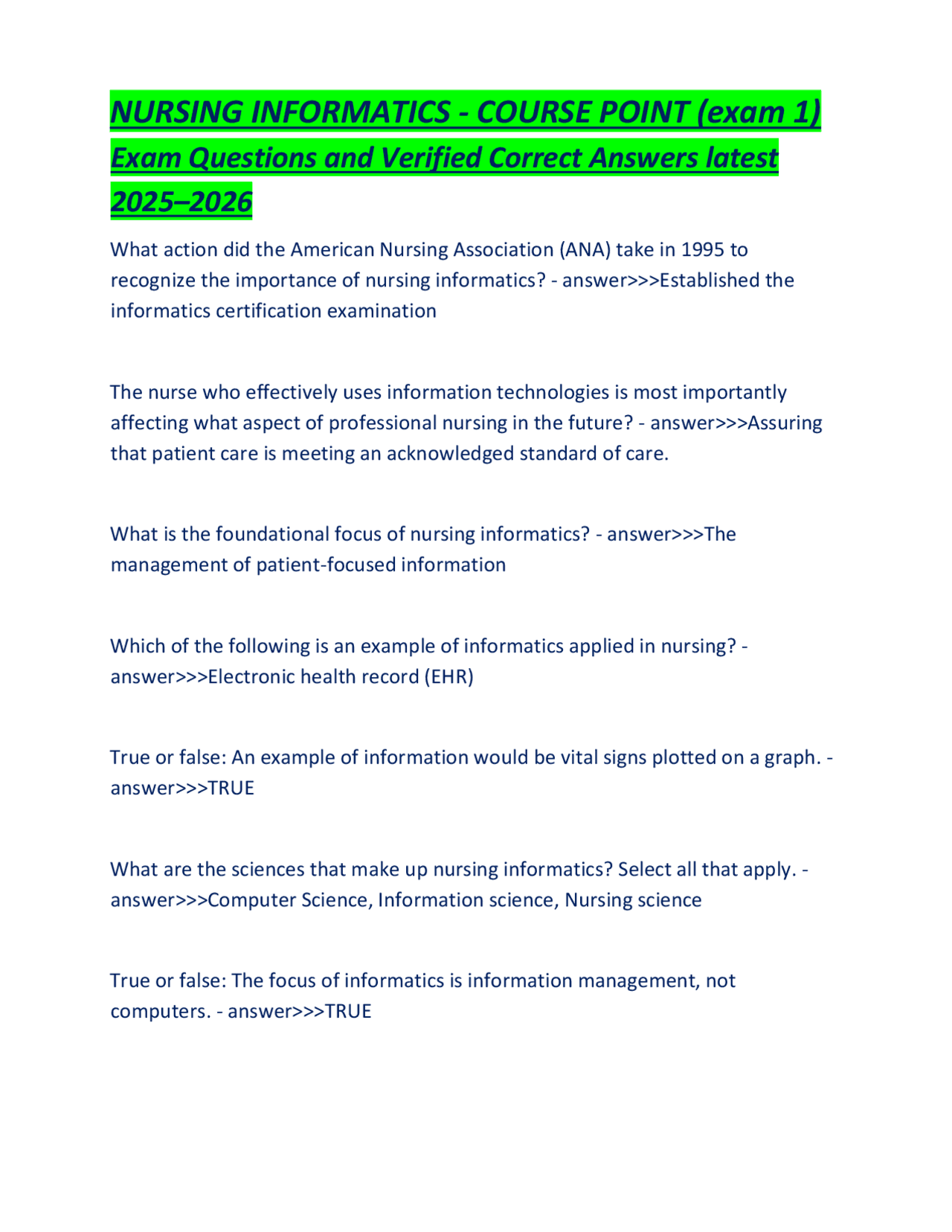 Nursing Informatics Course Point Exam 1 Exam Questions And Verified