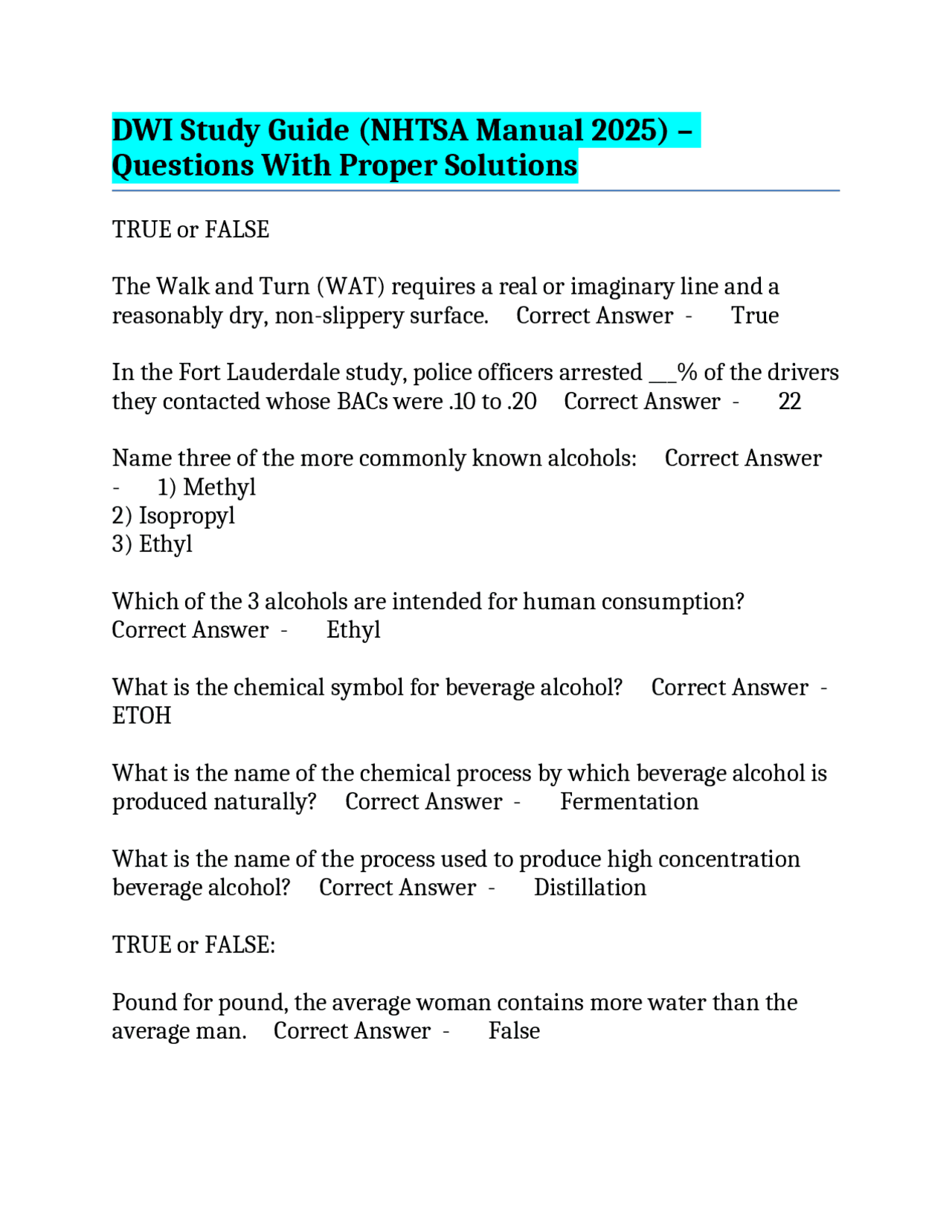 DWI Study Guide (NHTSA Manual 2025) – Questions With Proper Solutions ...