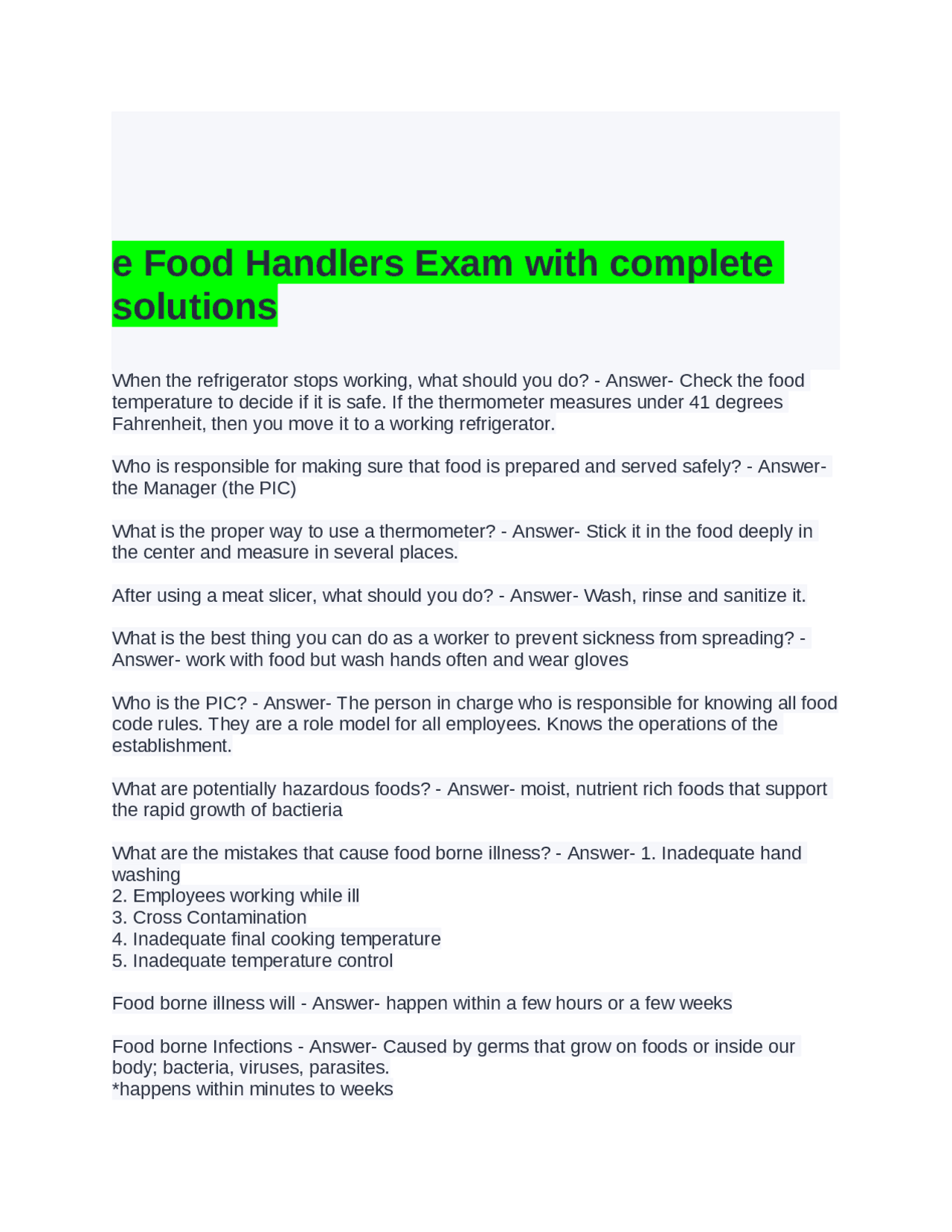 e Food Handlers Exam with complete solutions | Graded A | Exams ...