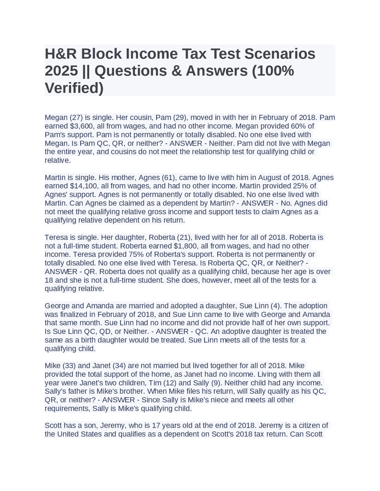 H&R Block Income Tax Test Scenarios 2025 || Questions & Answers (100% ...