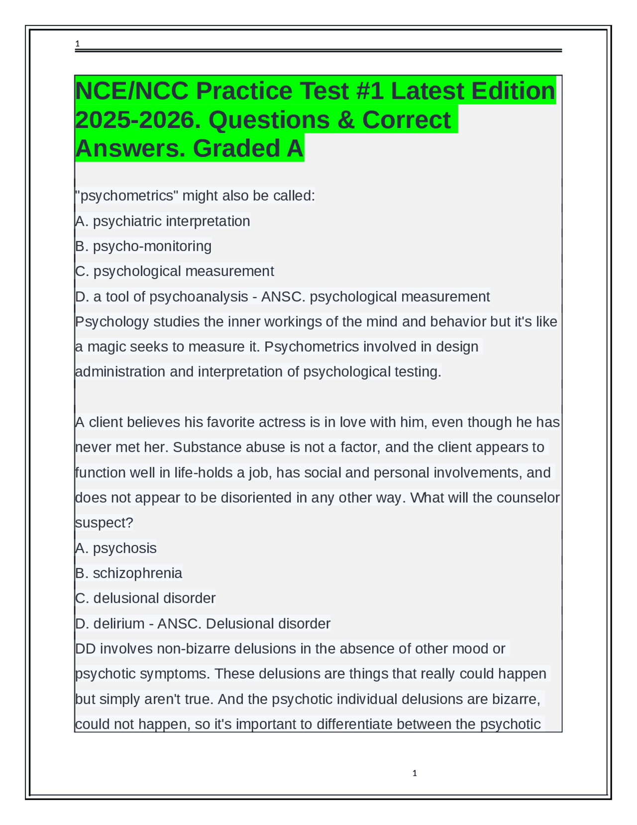 NCE/NCC Practice Test #1 Latest Edition 2025-2026. Questions & Correct ...