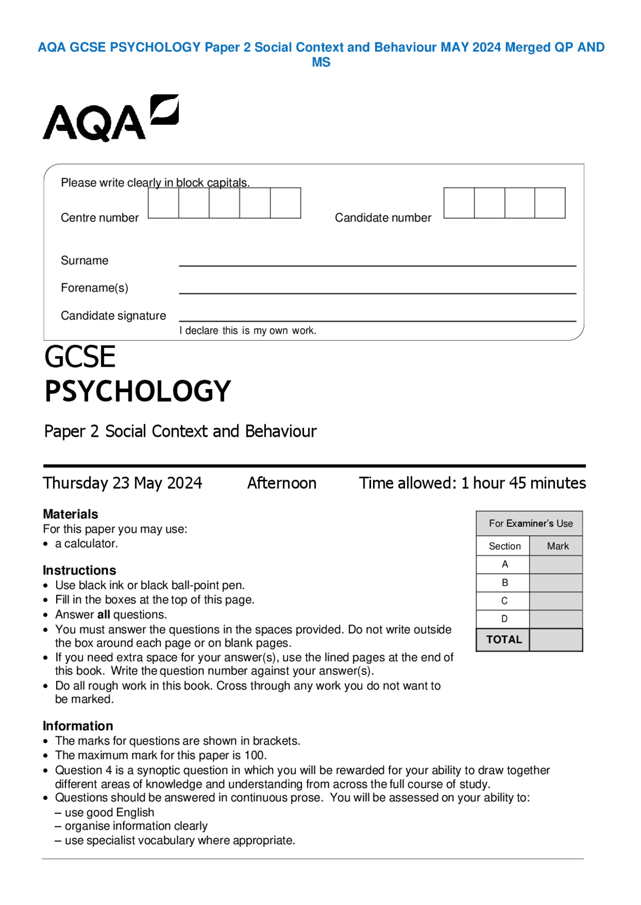 AQA GCSE PSYCHOLOGY Paper 2 Social Context and Behaviour MAY 2024 ...