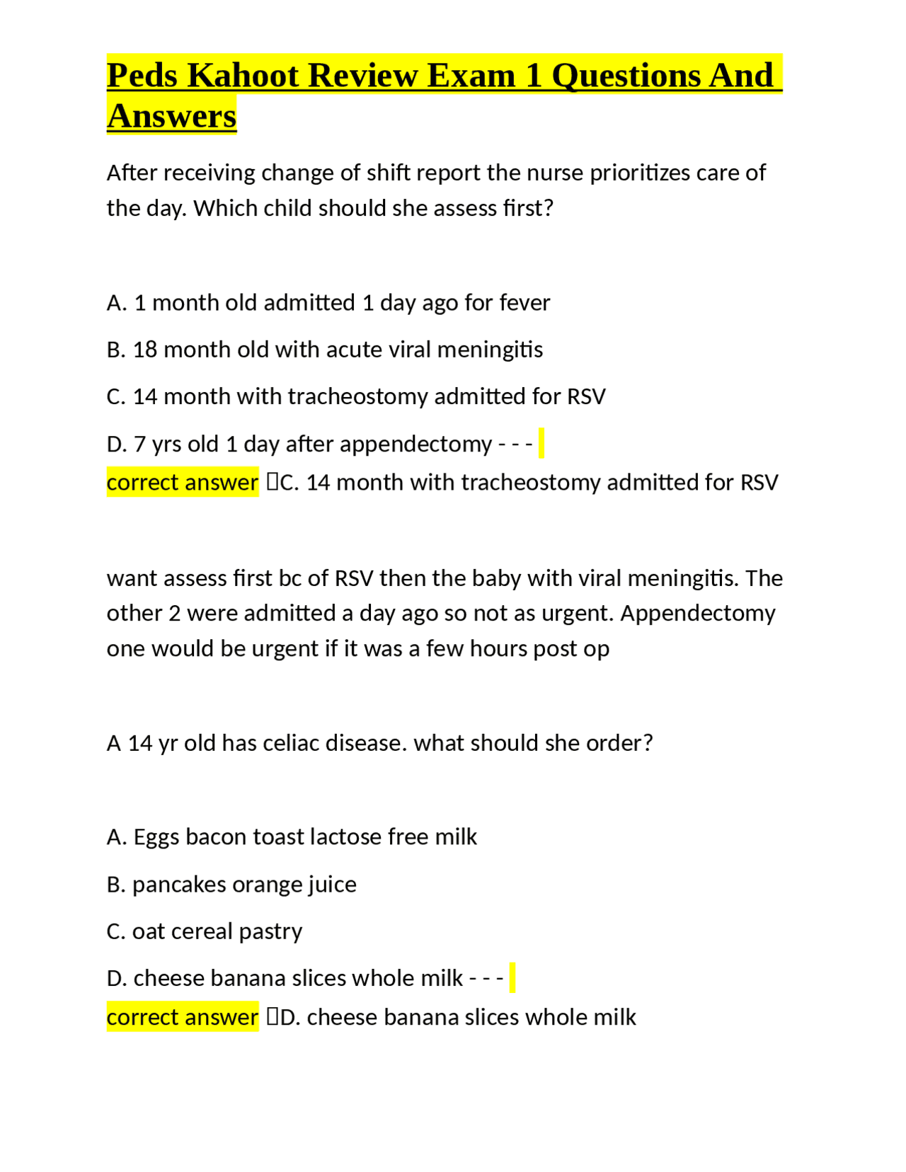 Peds Kahoot Review Exam 1 Questions And Answers | Exams Pediatrics ...