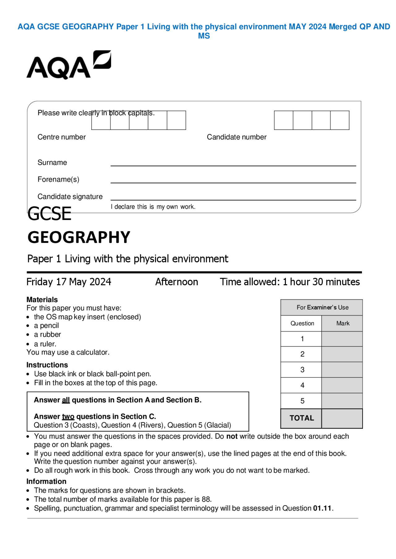 AQA GCSE GEOGRAPHY Paper 1 Living with the physical environment MAY 2024 Merged QP AND MS ...