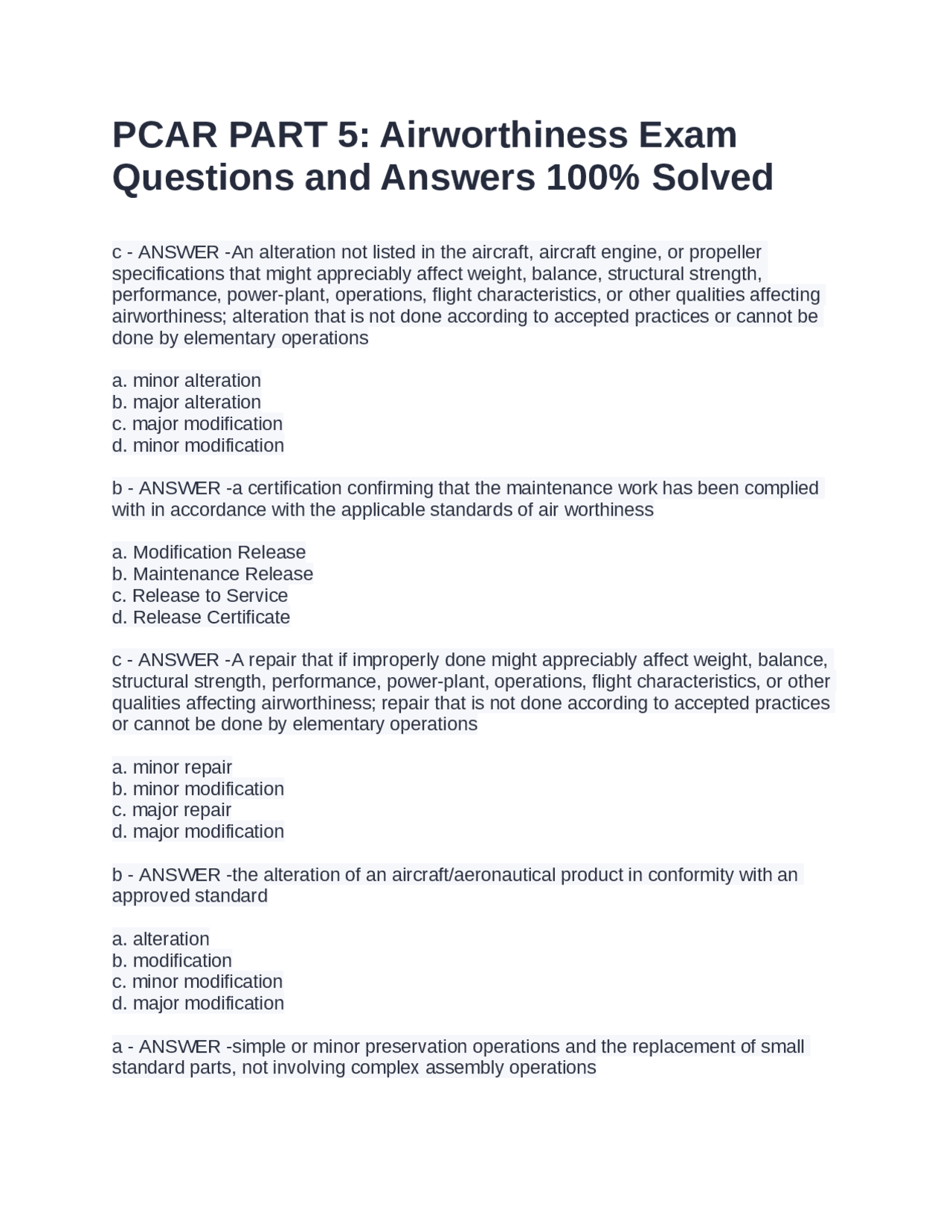 PCAR PART 5: Airworthiness Exam Questions and Answers 100% Solved ...