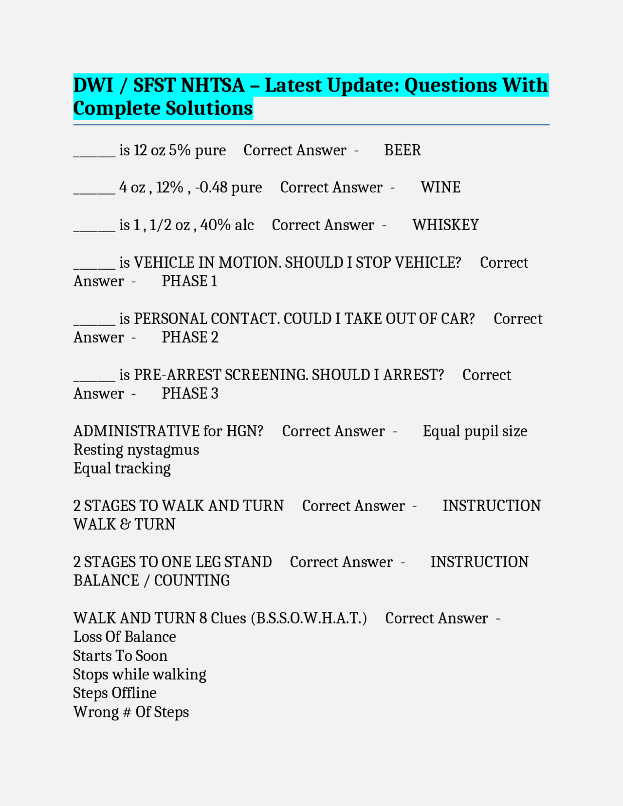DWI / SFST NHTSA – Latest Update: Questions With Complete Solutions ...
