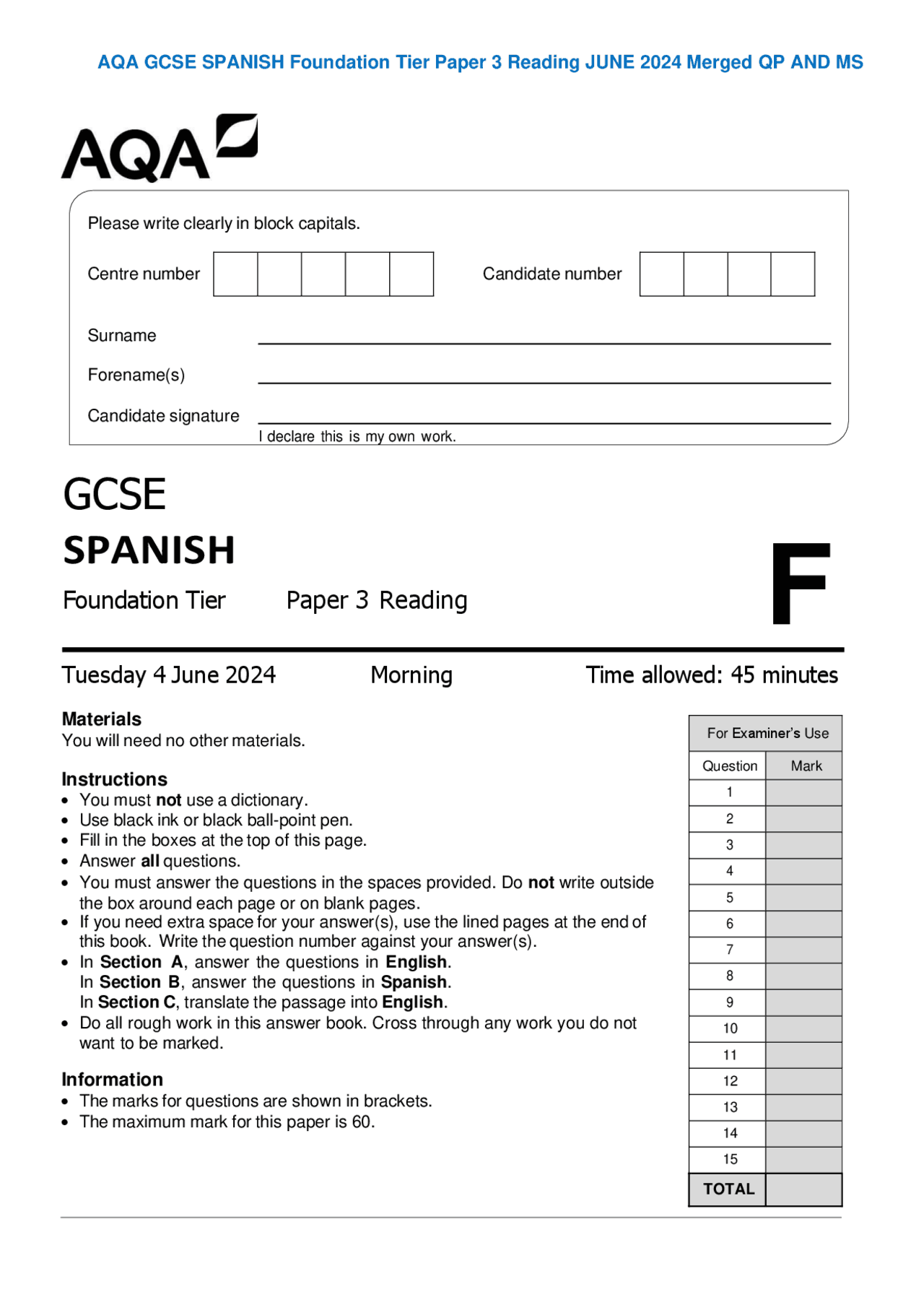 AQA GCSE SPANISH Foundation Tier Paper 3 Reading JUNE 2024 Merged QP ...
