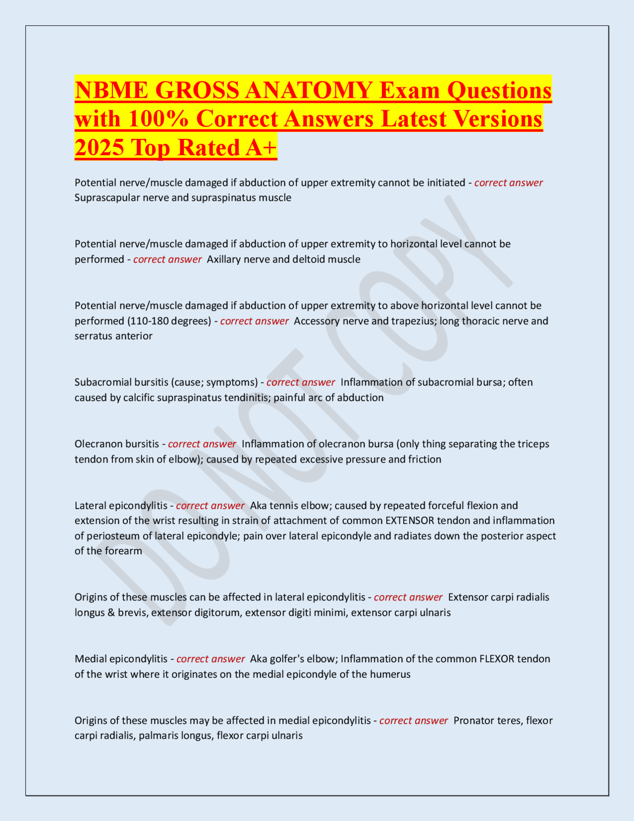 NBME GROSS ANATOMY Exam Questions with 100% Correct Answers Latest ...