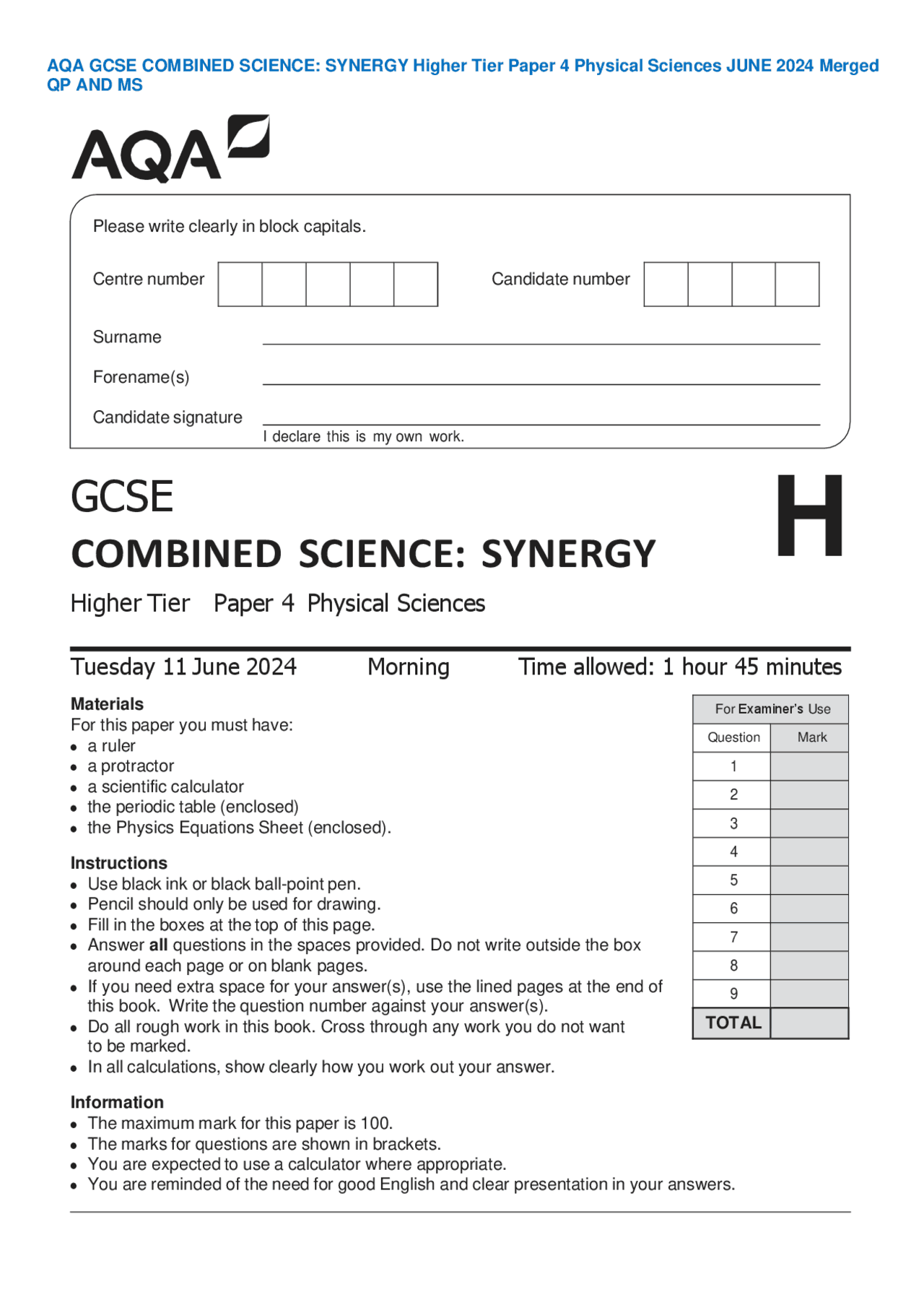 AQA GCSE COMBINED SCIENCE: SYNERGY Higher Tier Paper 4 Physical ...
