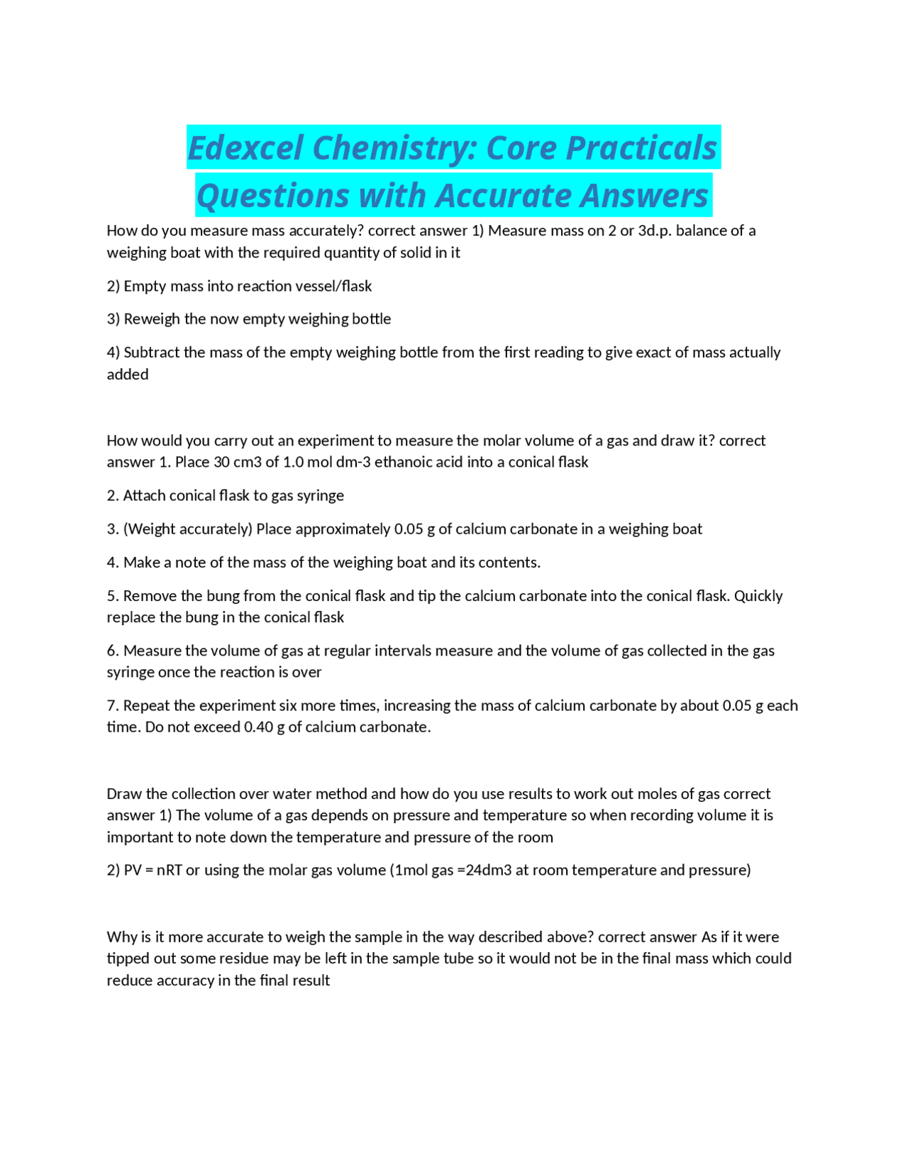 Edexcel Chemistry: Core Practicals Questions with Accurate Answers ...
