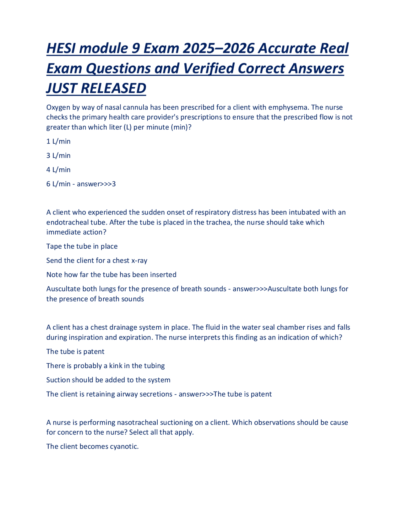 HESI Module 9 Exam – 2025–2026 –Respiratory and Diagnostic Nursing Care ...