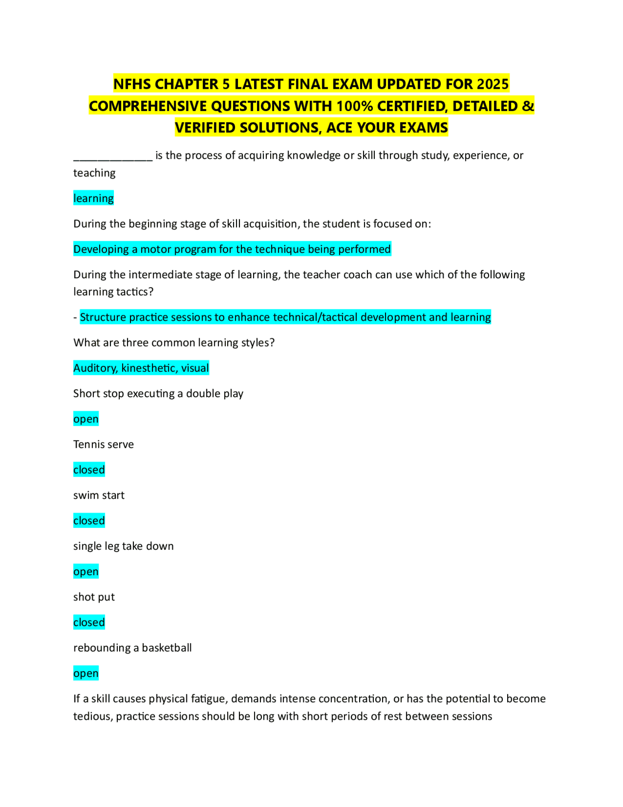 NFHS CHAPTER 5 LATEST FINAL EXAM UPDATED FOR 2025 COMPREHENSIVE ...
