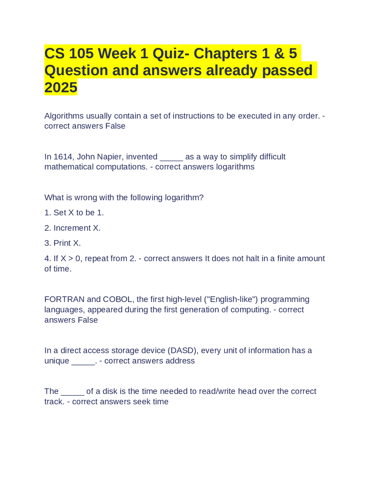 CS 105 Week 1 Quiz- Chapters 1 & 5 Question and answers already passed ...